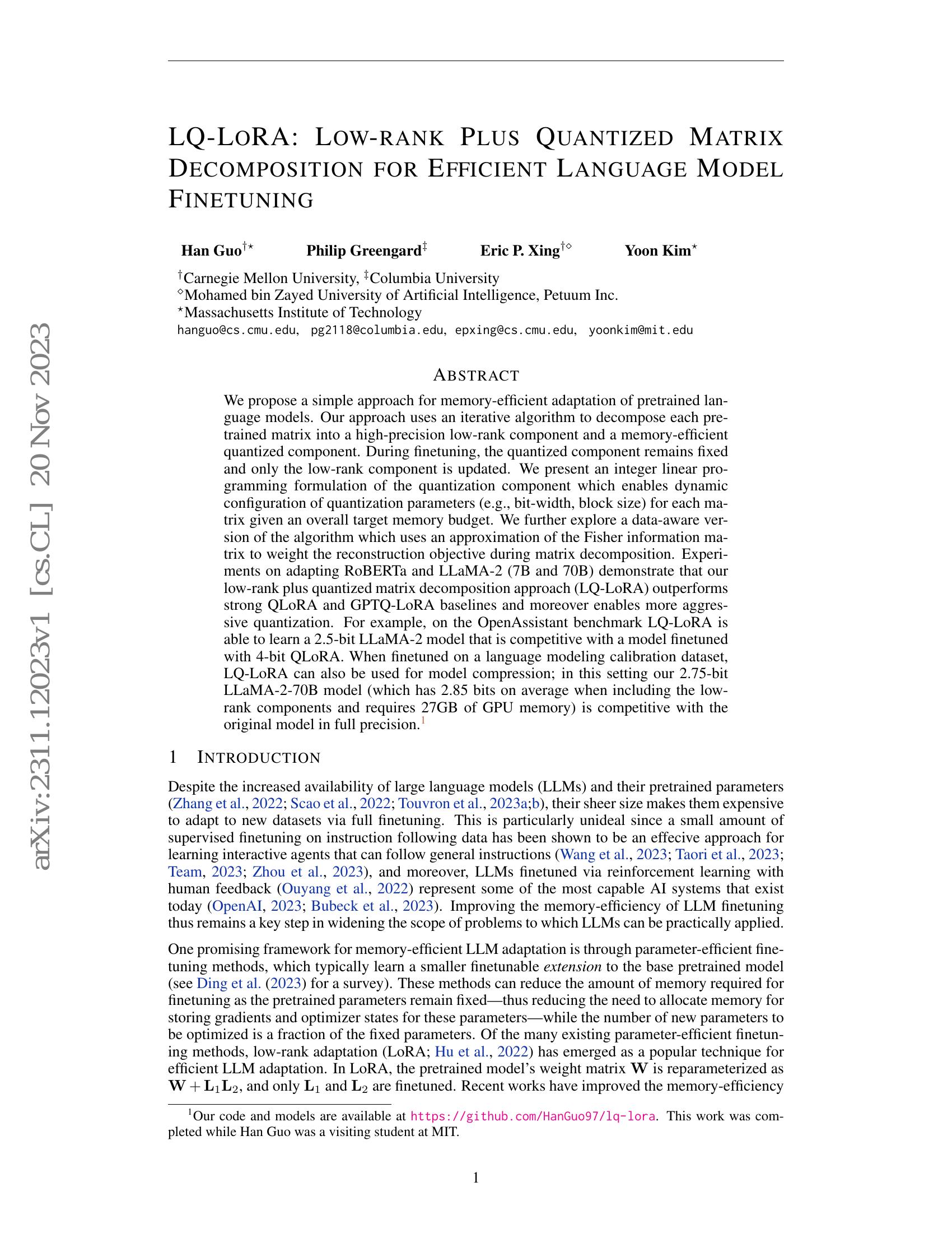 LQ-LoRA: Low-rank Plus Quantized Matrix Decomposition for Efficient Language Model Finetuning ...
