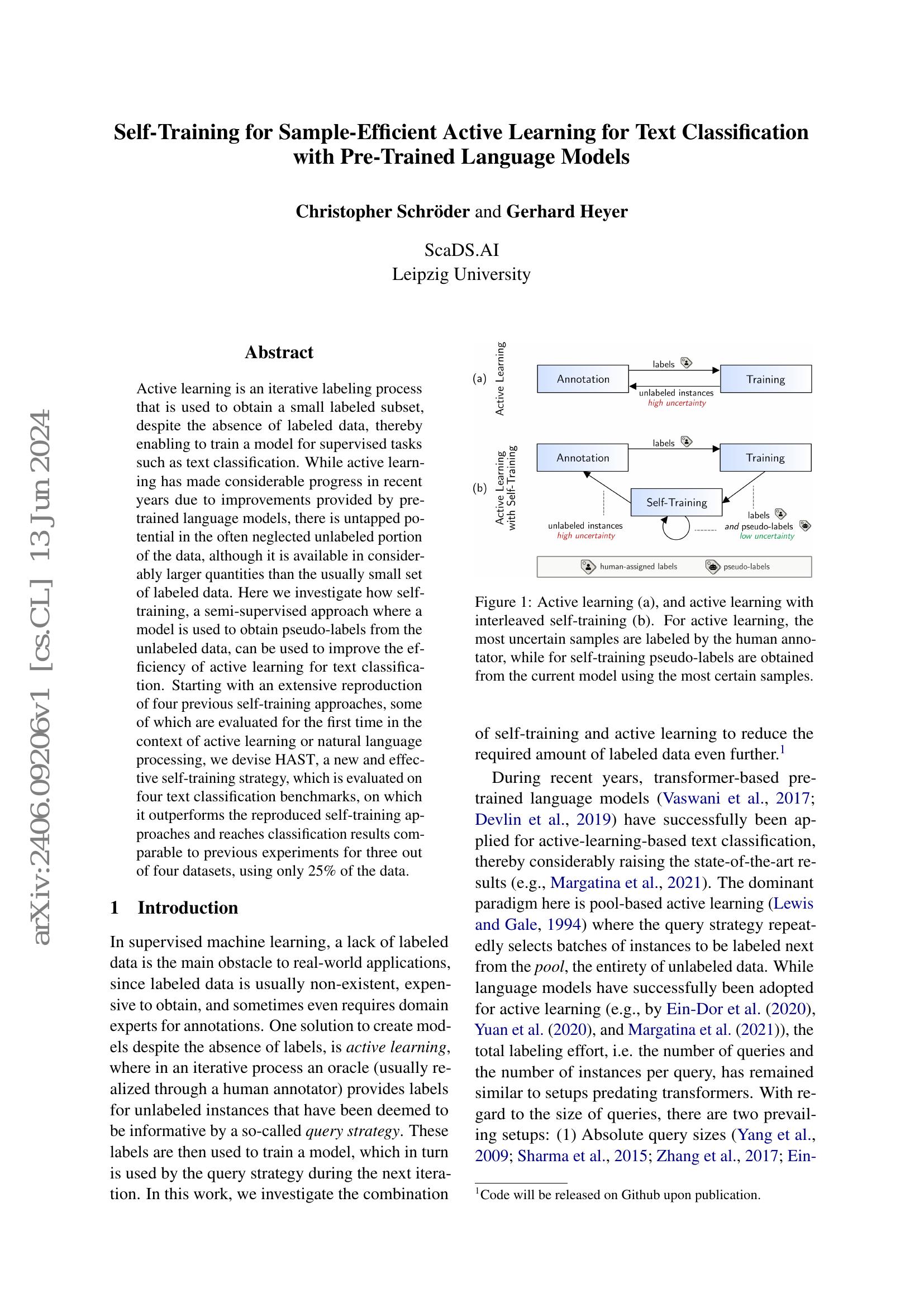 Self-Training for Sample-Efficient Active Learning for Text Classification with Pre-Trained ...