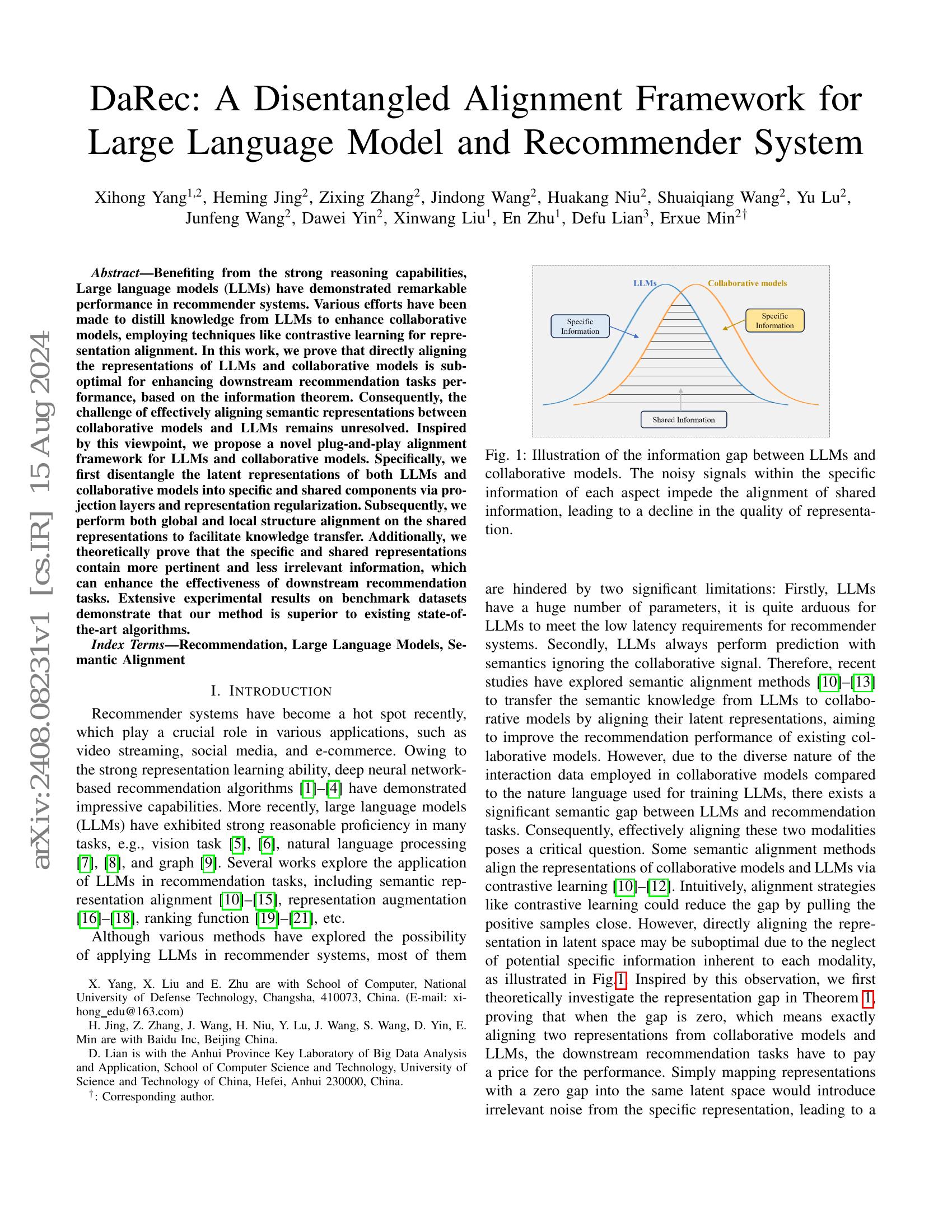 DaRec: A Disentangled Alignment Framework for Large Language Model and Recommender System - 智源社区论文