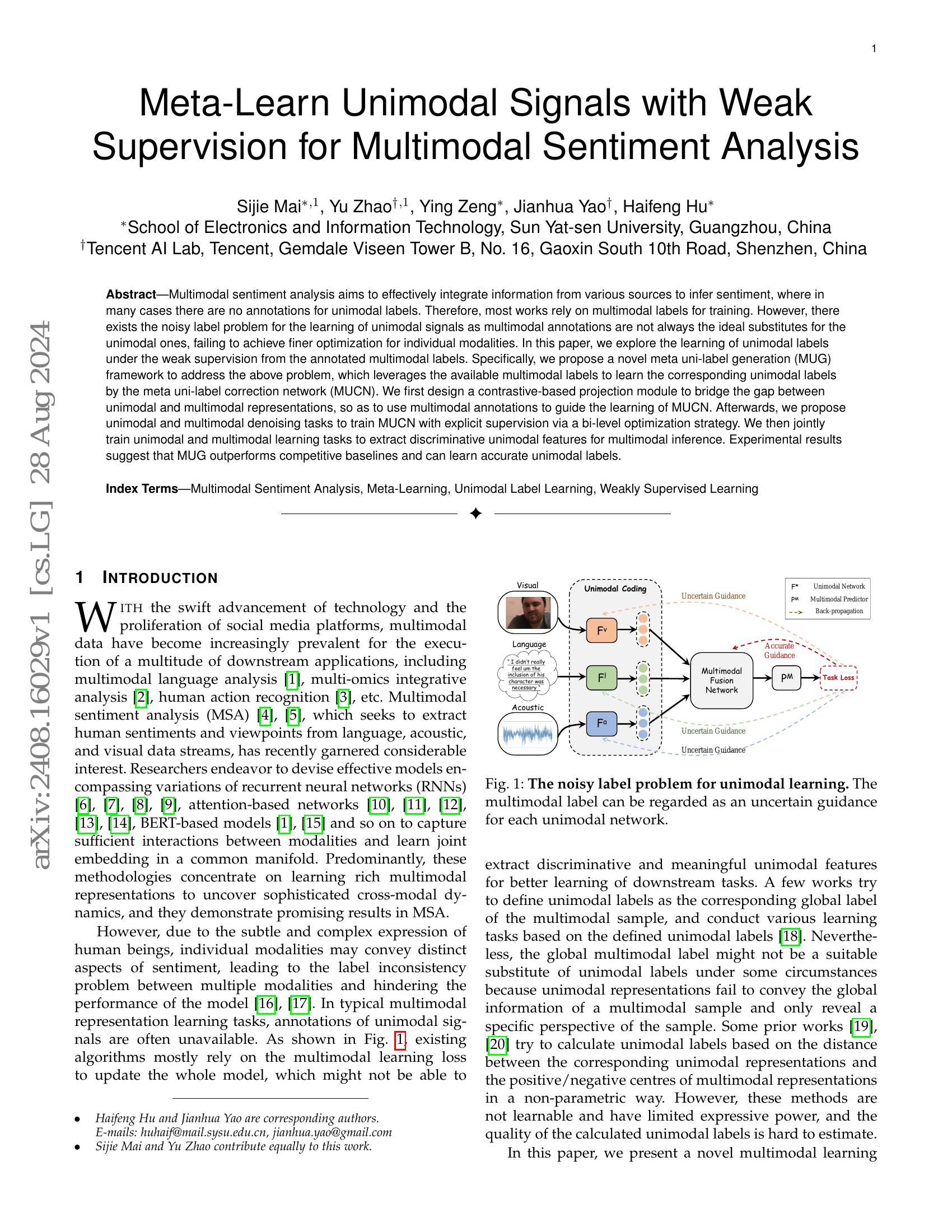 Meta-Learn Unimodal Signals with Weak Supervision for Multimodal Sentiment Analysis - 智源社区论文