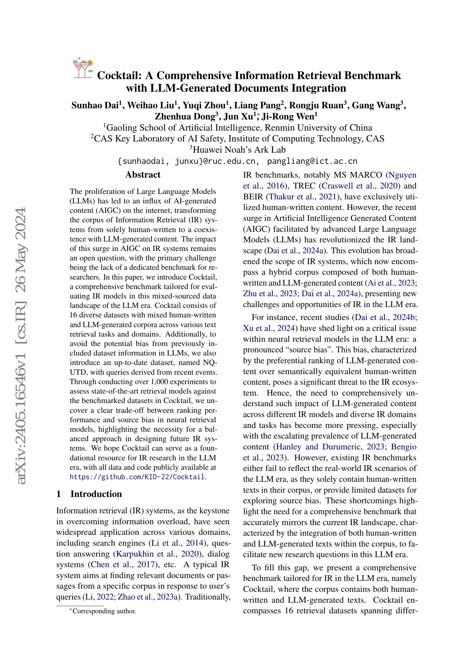 Cocktail: A Comprehensive Information Retrieval Benchmark with LLM ...