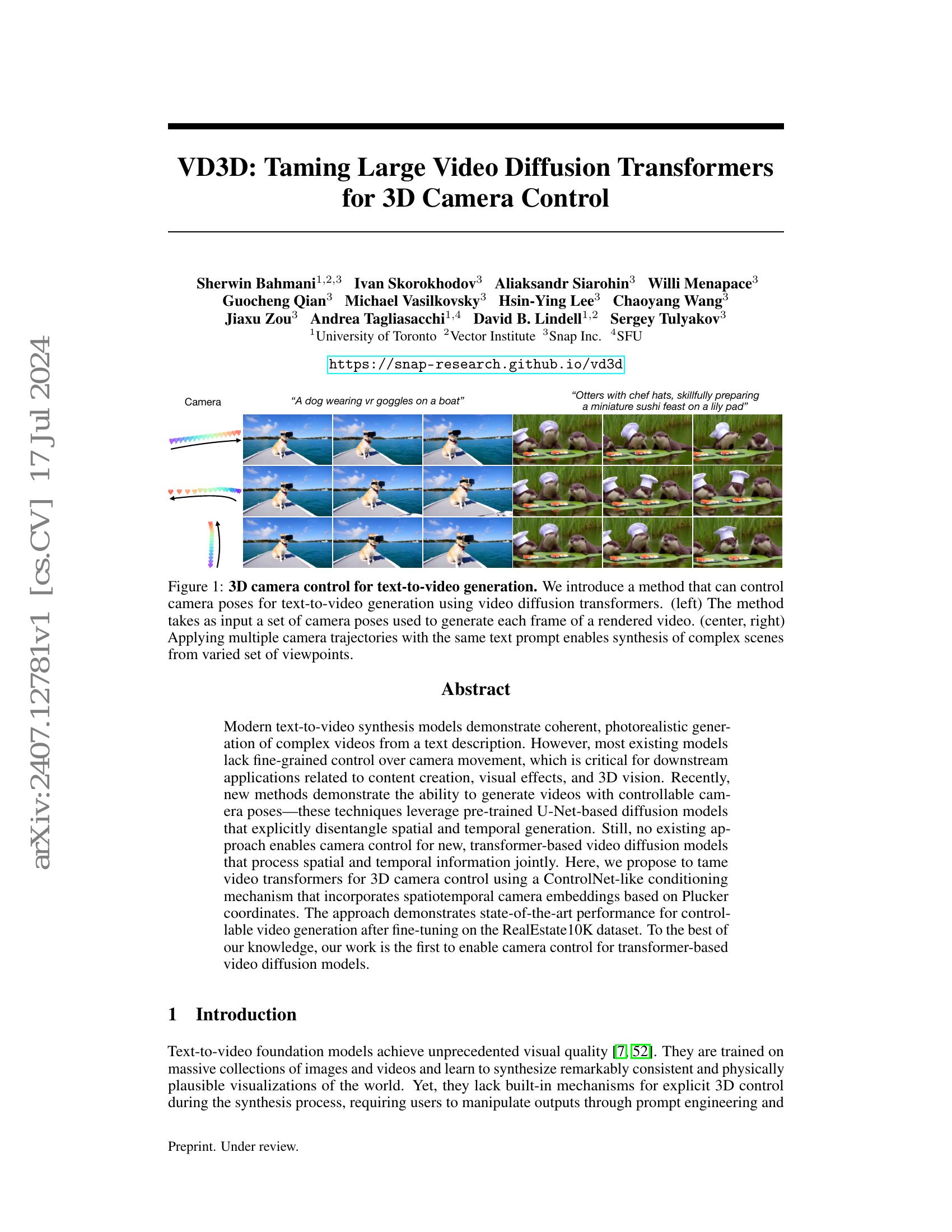 VD3D: Taming Large Video Diffusion Transformers for 3D Camera Control - 智源社区论文