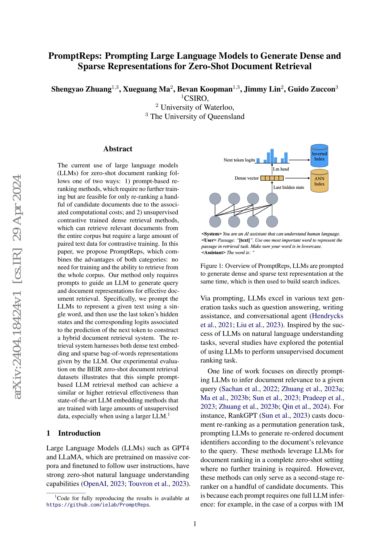 PromptReps: Prompting Large Language Models to Generate Dense and Sparse Representations for ...