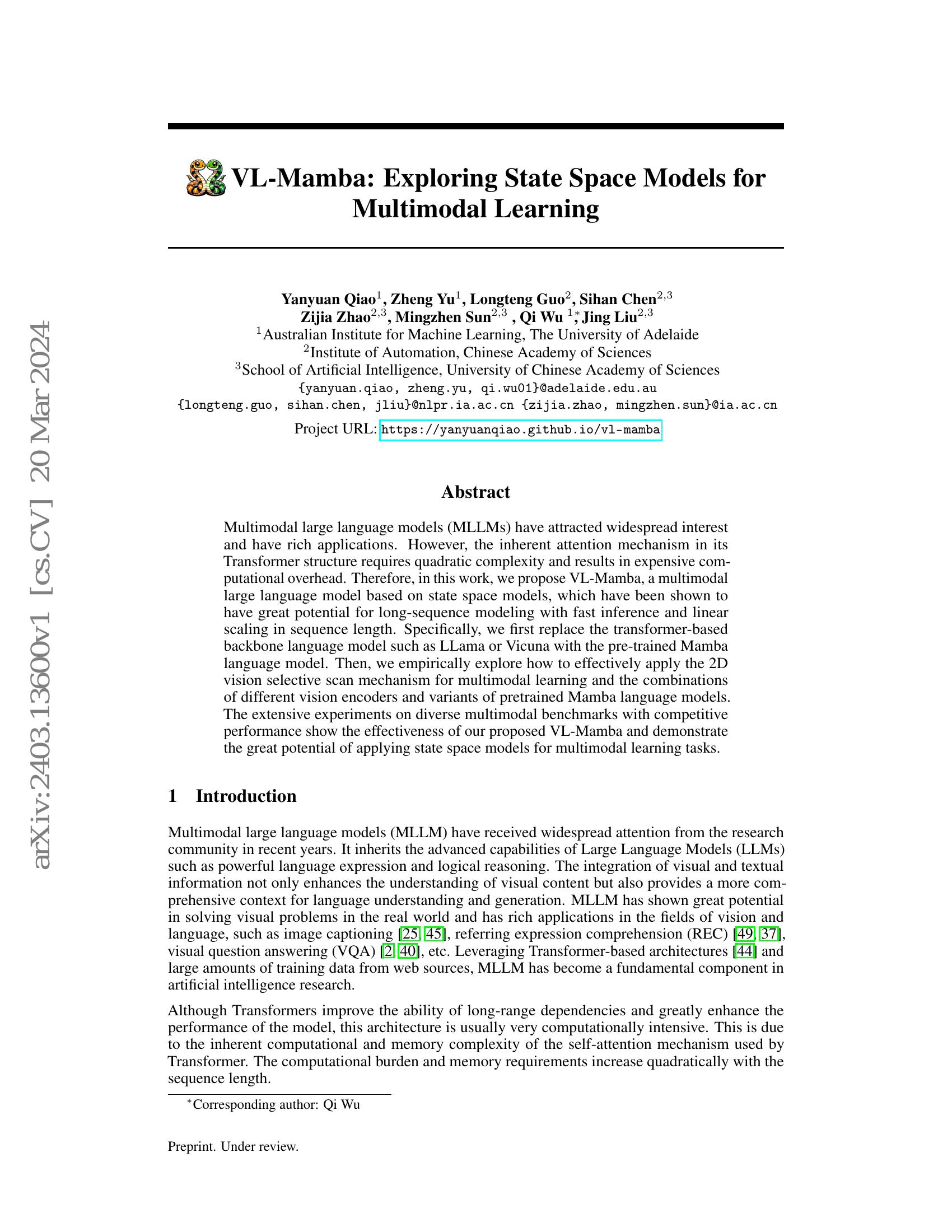 VL-Mamba: Exploring State Space Models for Multimodal Learning - 智源社区论文