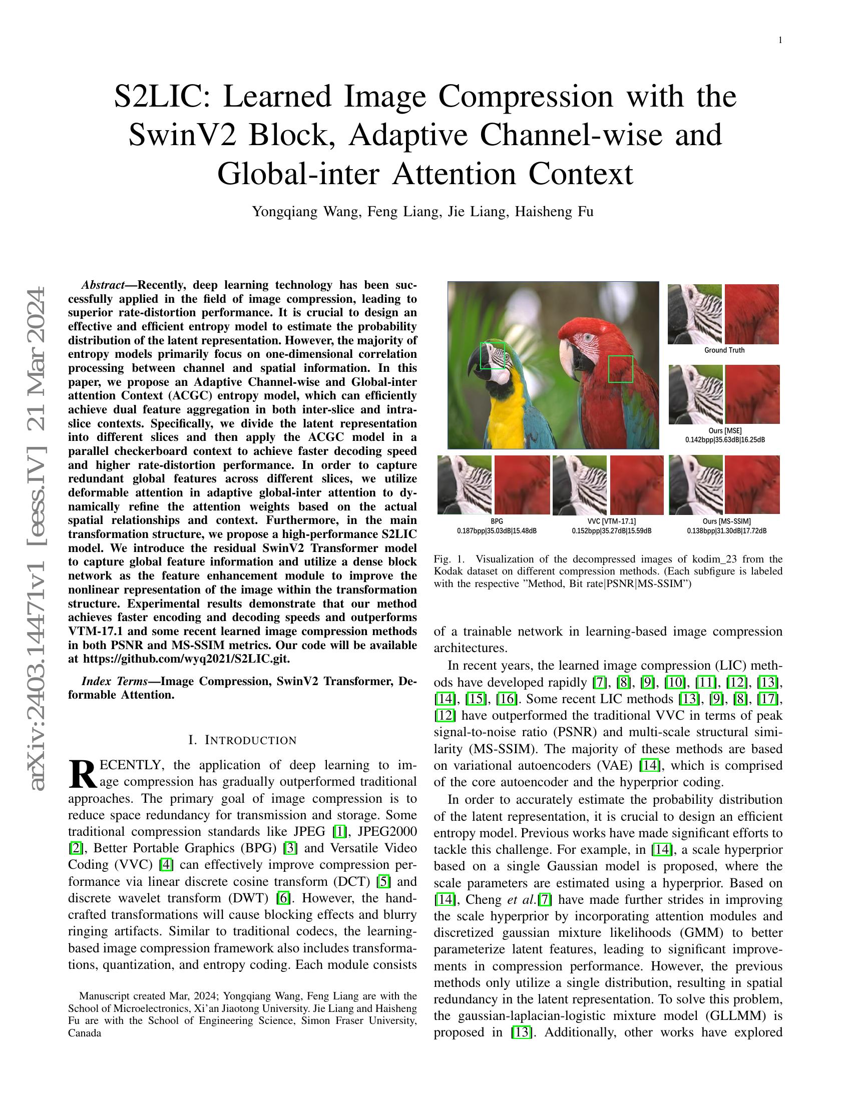 S2LIC: Learned Image Compression with the SwinV2 Block, Adaptive Channel-wise and Global-inter ...