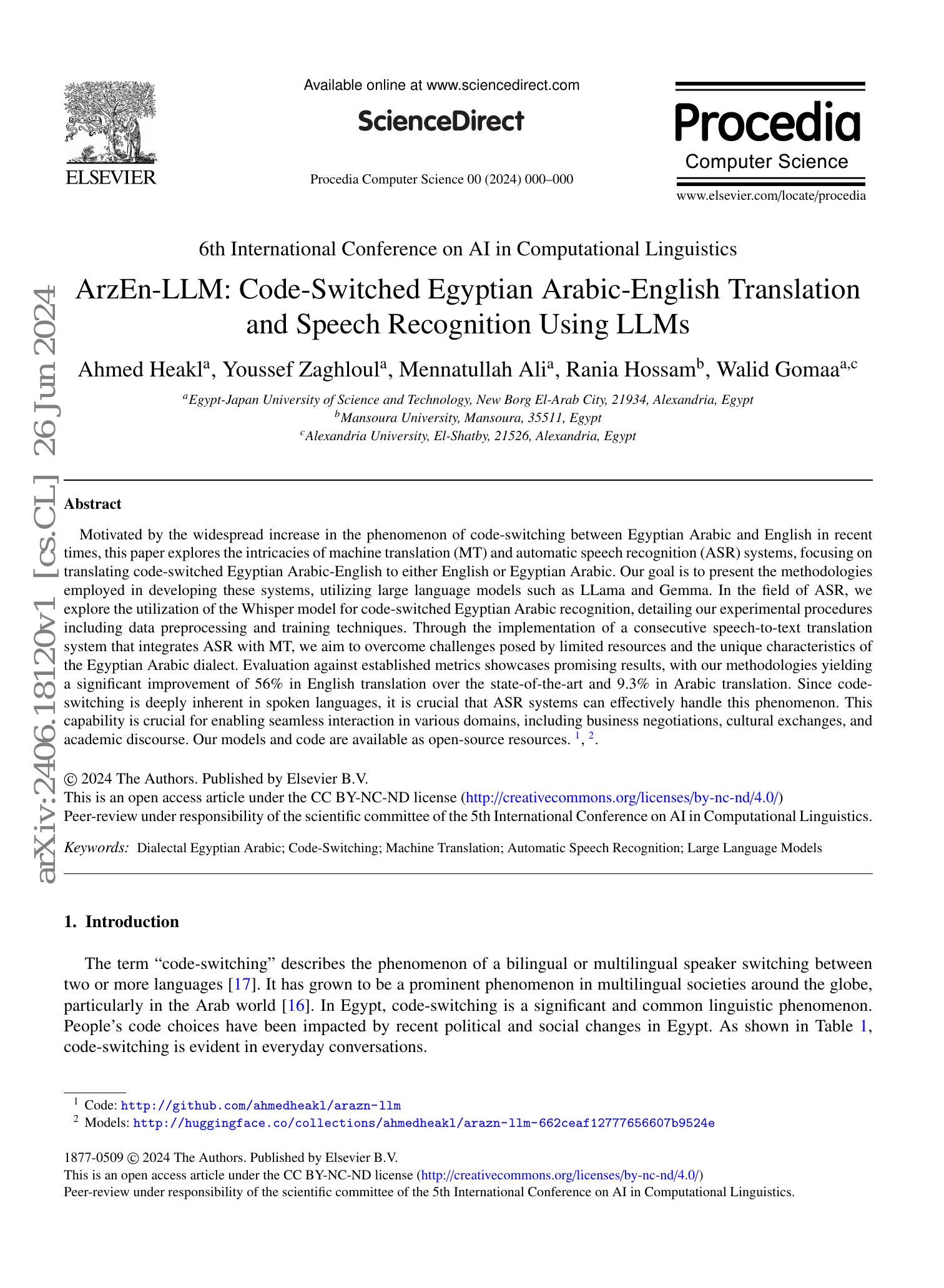 ArzEn-LLM: Code-Switched Egyptian Arabic-English Translation and Speech Recognition Using LLMs ...
