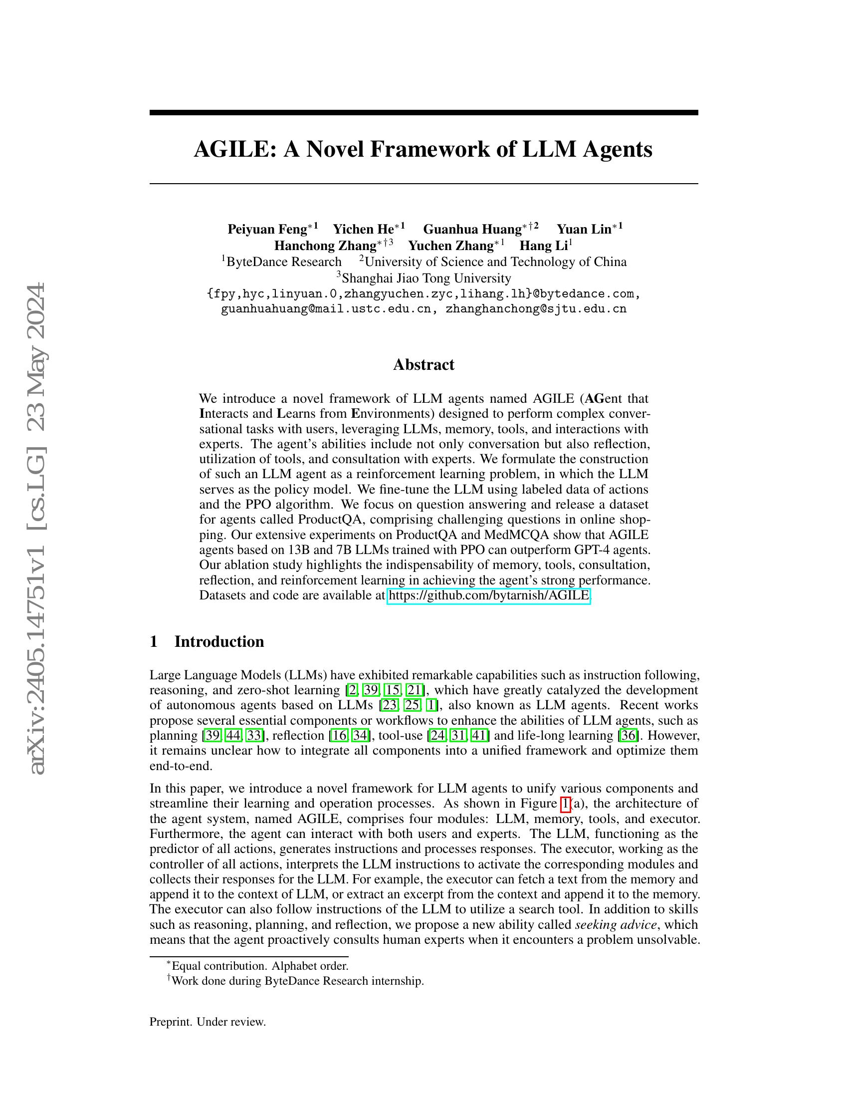 AGILE: A Novel Framework of LLM Agents - 智源社区论文