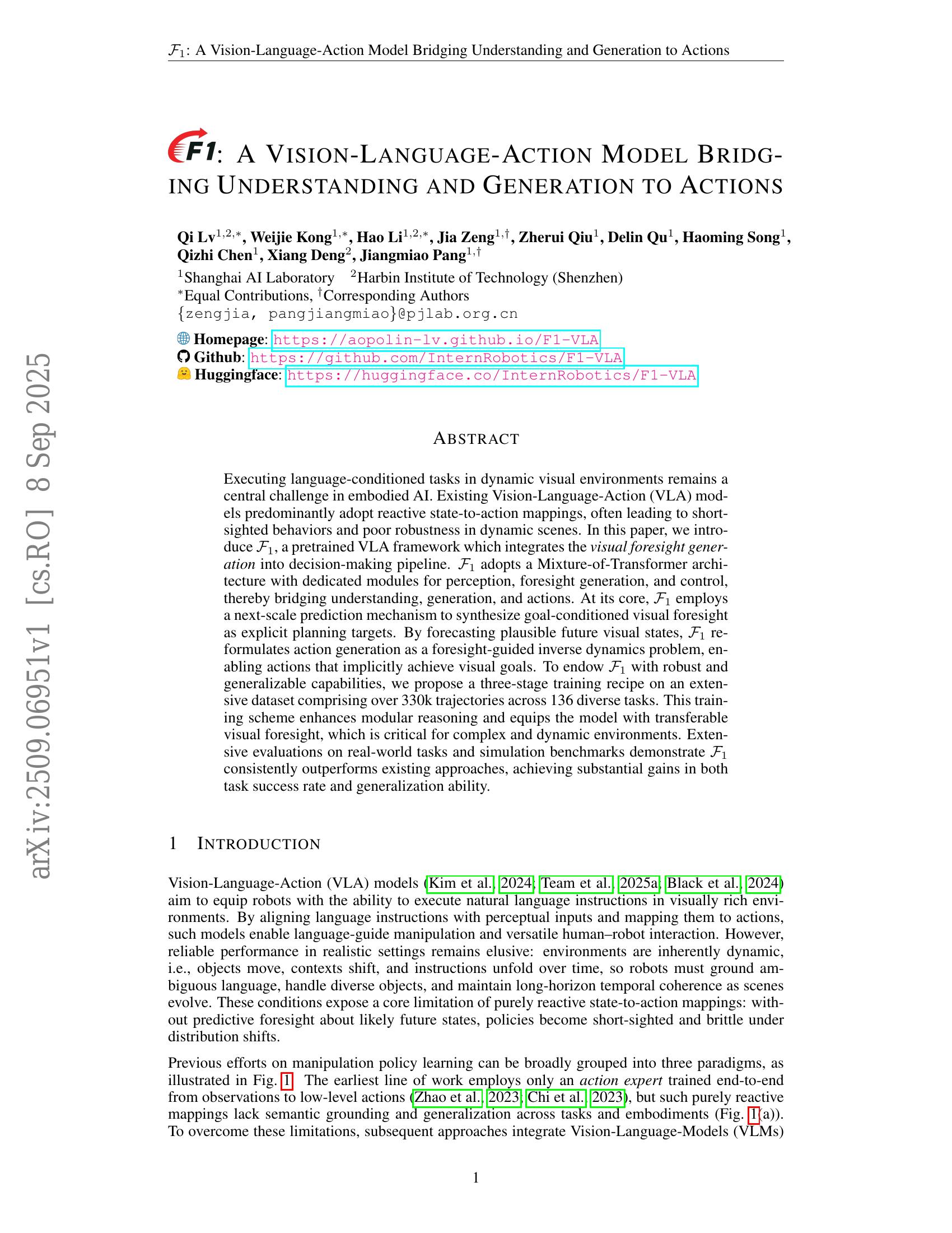 F1: A Vision-Language-Action Model Bridging Understanding and Generation to Actions - 智源社区论文