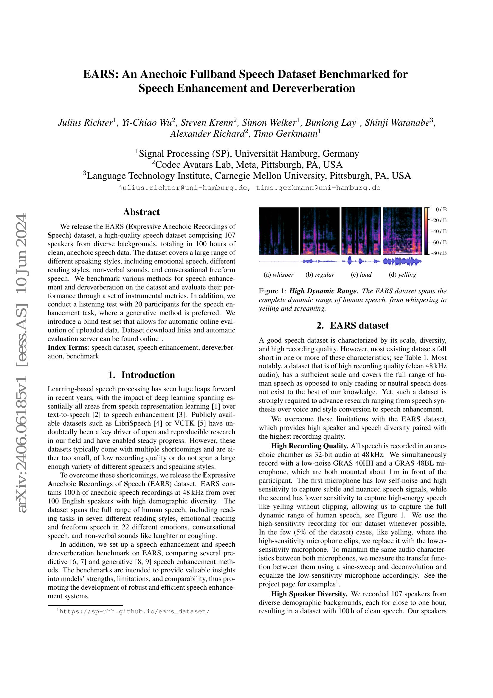 EARS: An Anechoic Fullband Speech Dataset Benchmarked for Speech ...