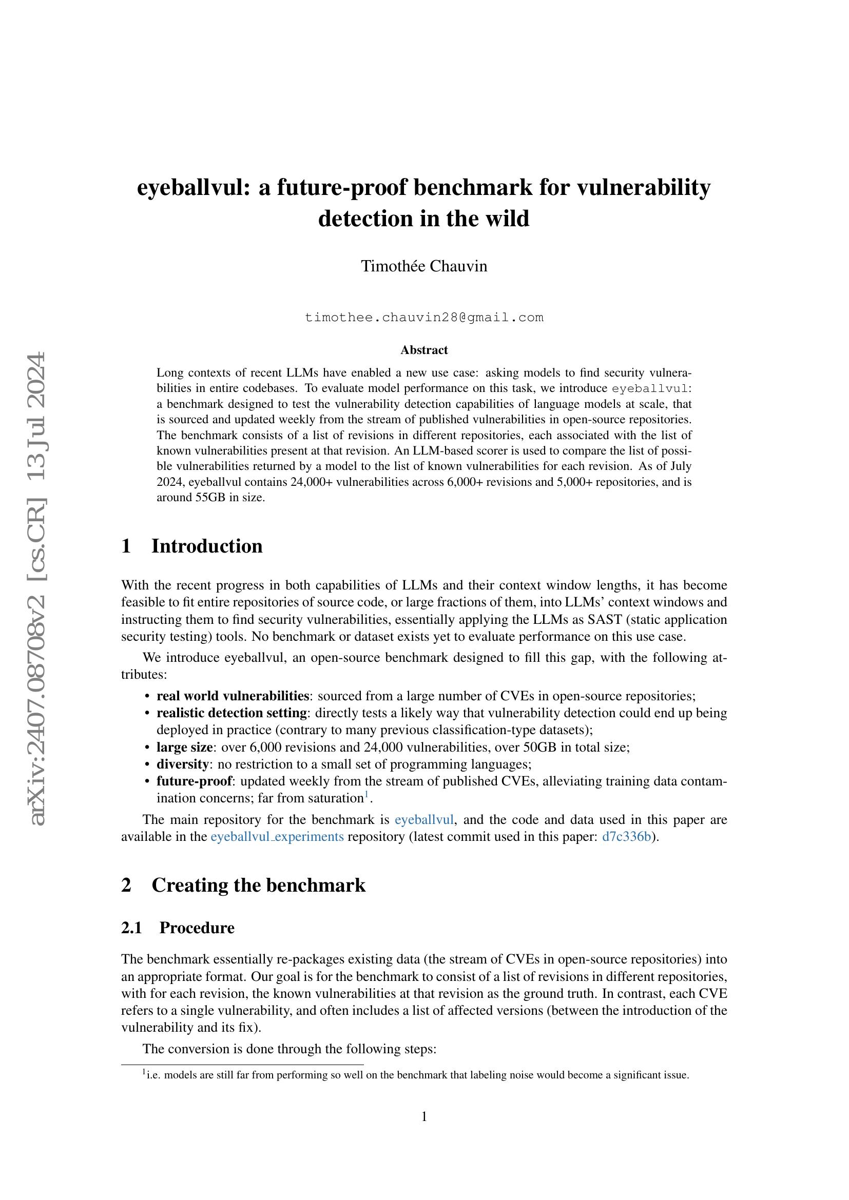 eyeballvul: a future-proof benchmark for vulnerability detection in the ...