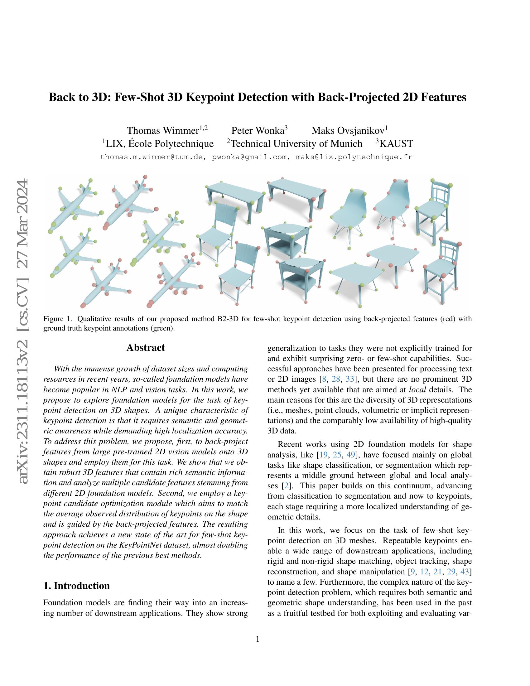 Back To 3d Few Shot 3d Keypoint Detection With Back Projected 2d