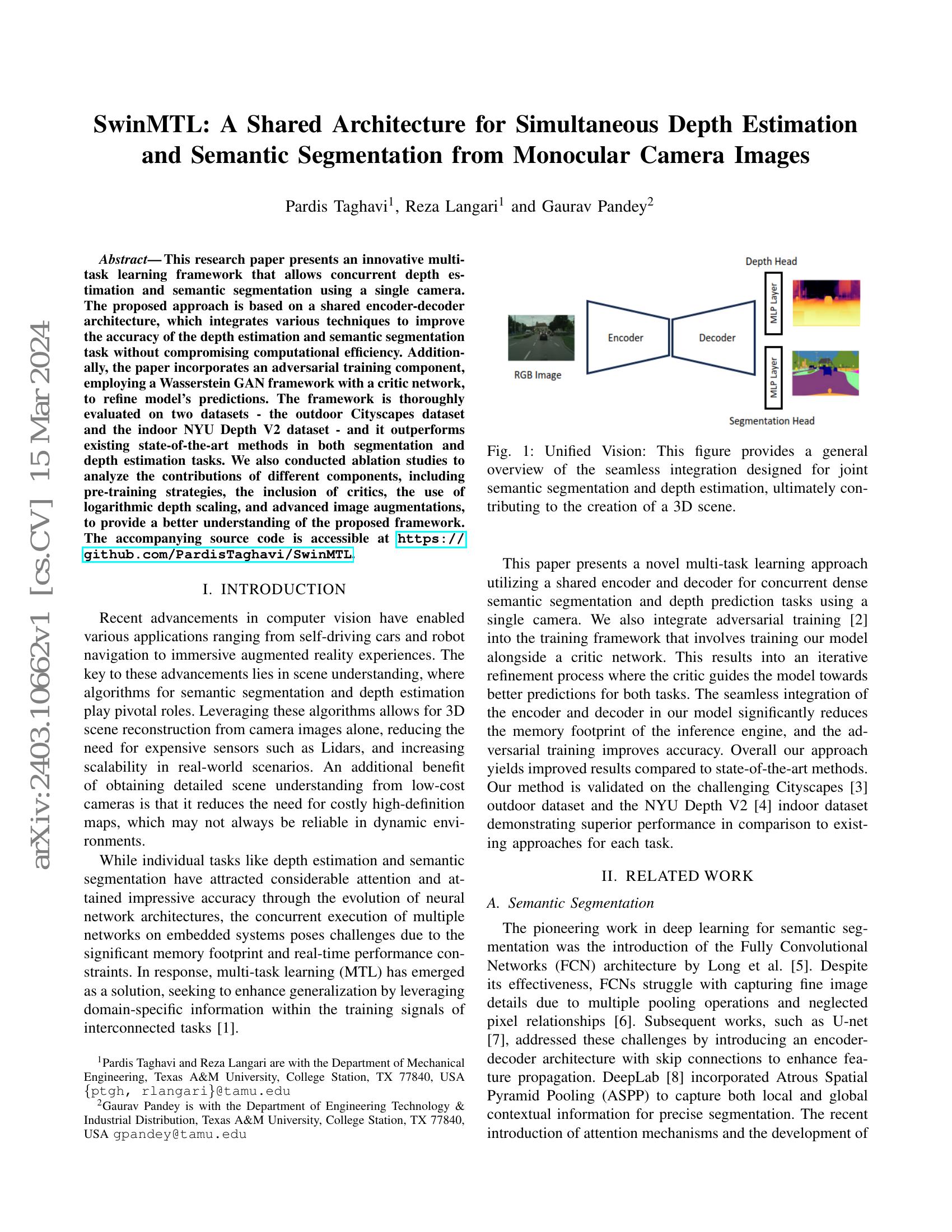 SwinMTL: A Shared Architecture for Simultaneous Depth Estimation and Semantic Segmentation from ...