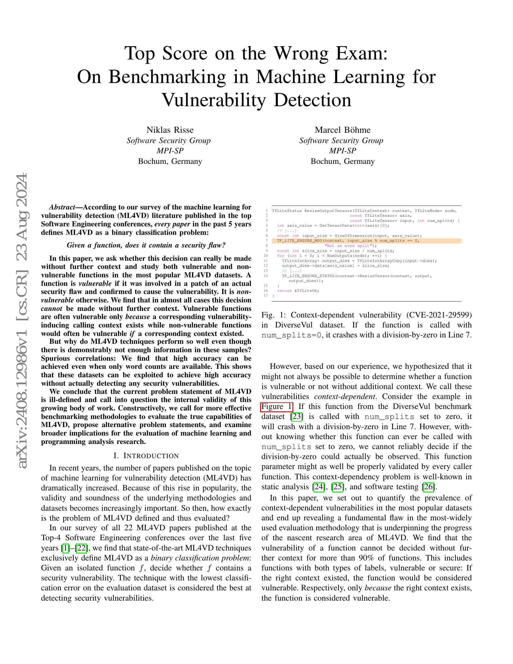 Top Score on the Wrong Exam: On Benchmarking in Machine Learning for Vulnerability Detection - 智 ...