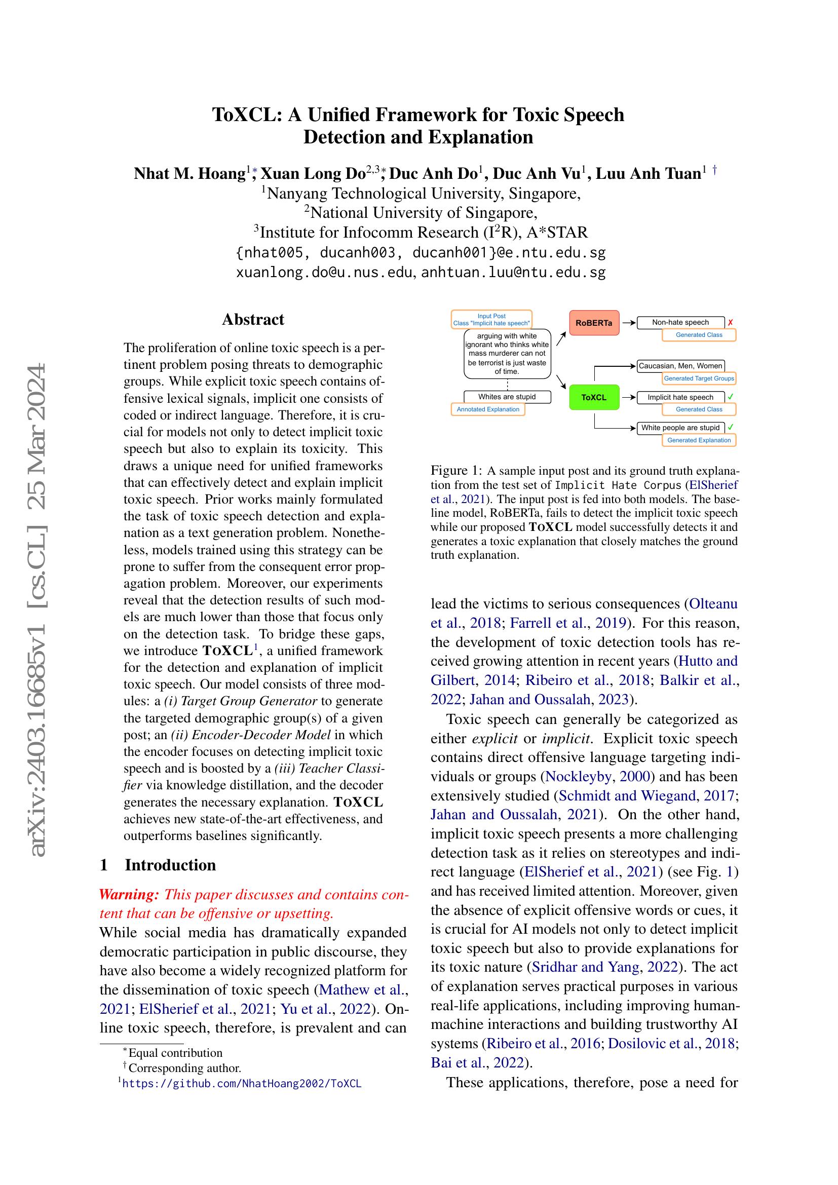 ToXCL: A Unified Framework for Toxic Speech Detection and Explanation - 智源社区论文