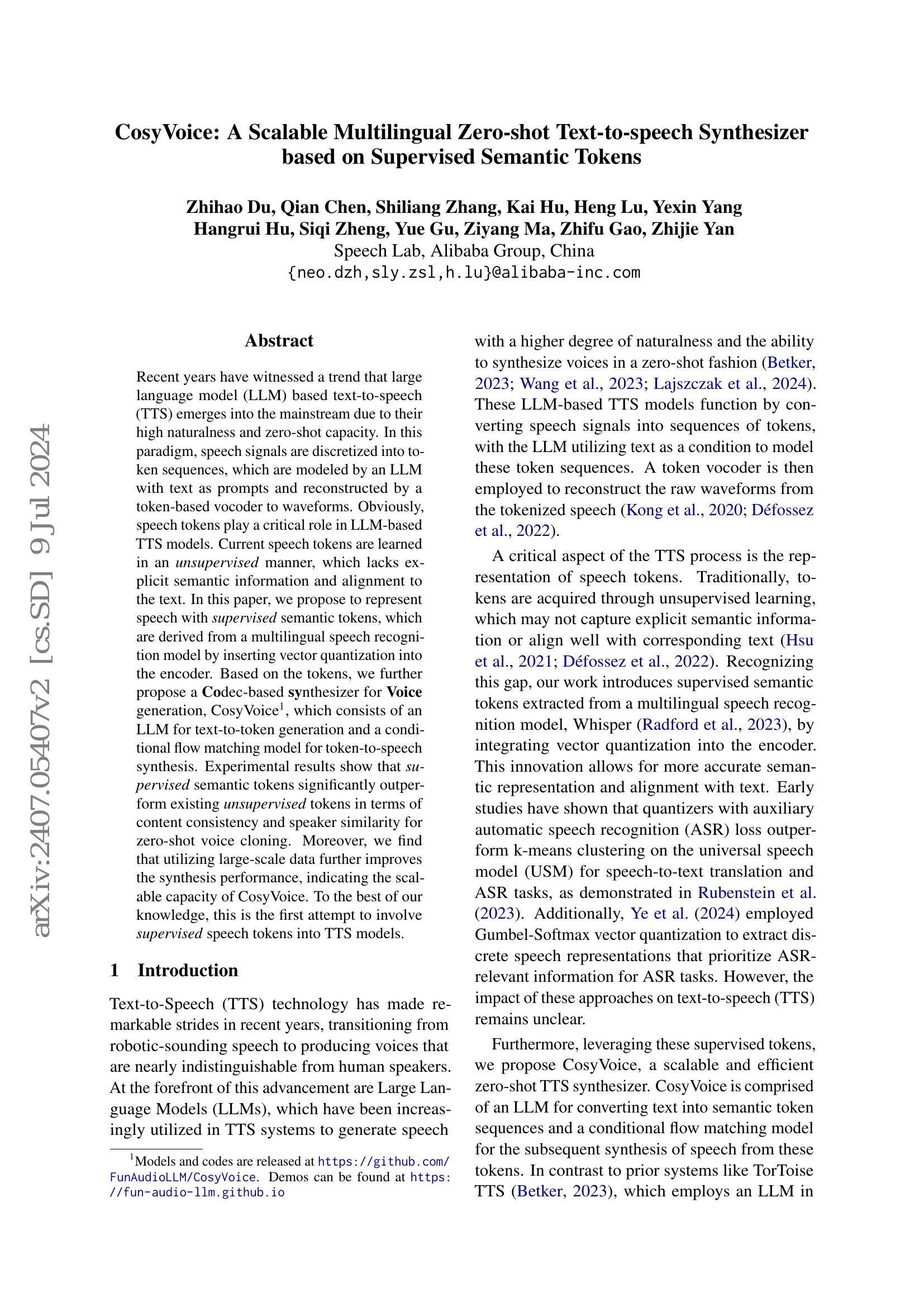 CosyVoice: A Scalable Multilingual Zero-shot Text-to-speech Synthesizer based on Supervised ...