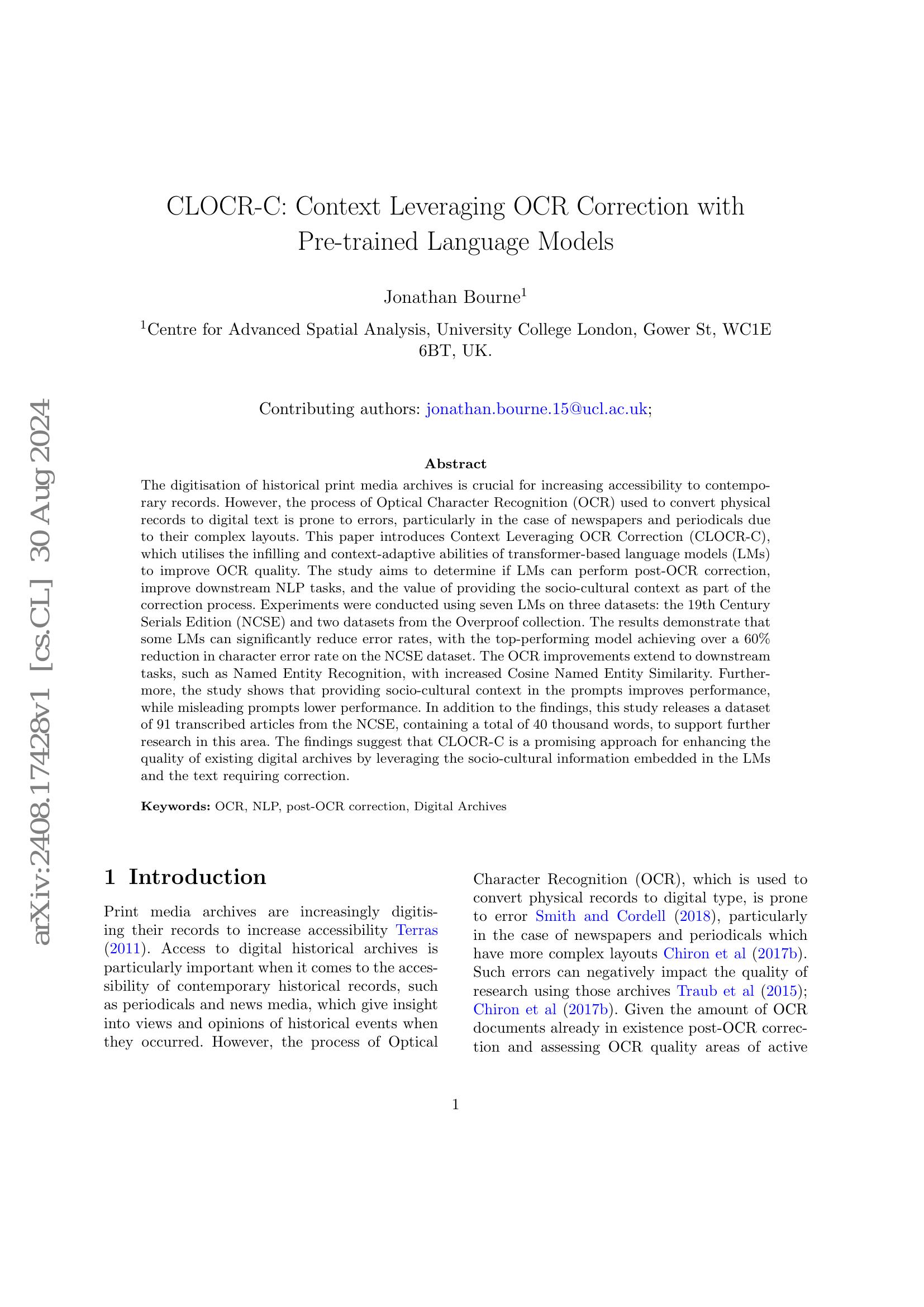 CLOCR-C: Context Leveraging OCR Correction with Pre-trained Language ...