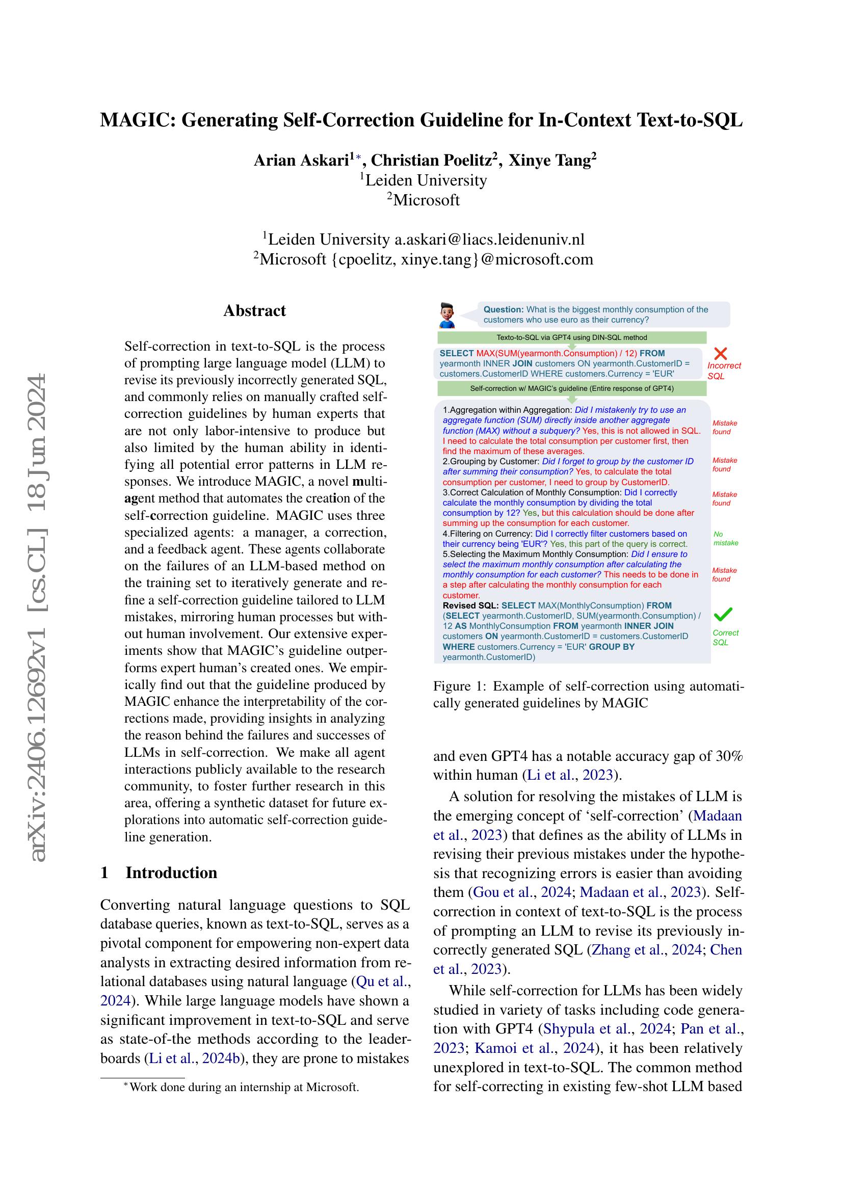 MAGIC: Generating Self-Correction Guideline for In-Context Text-to-SQL ...
