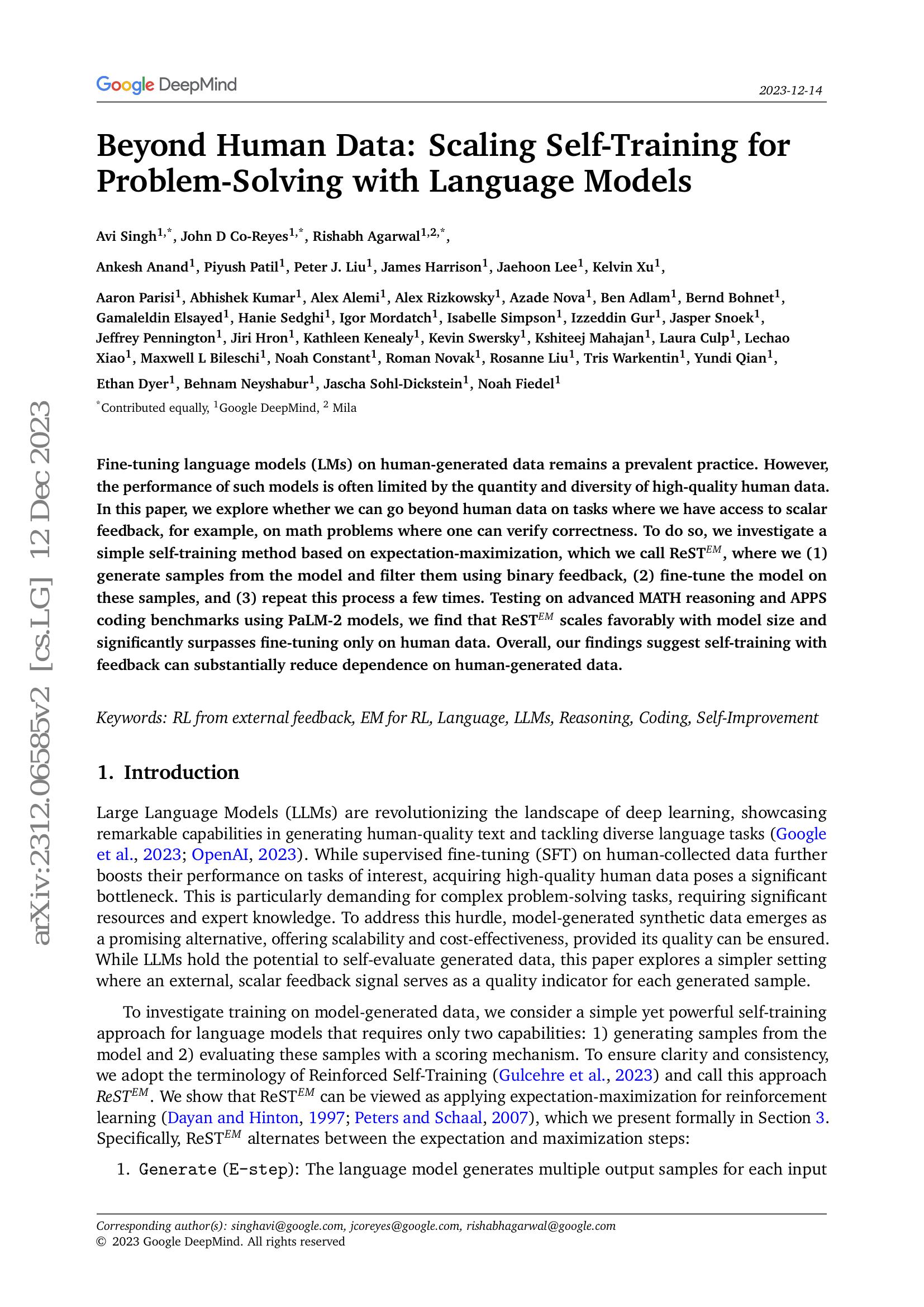 Beyond Human Data: Scaling Self-Training for Problem-Solving with Language Models - 智源社区论文