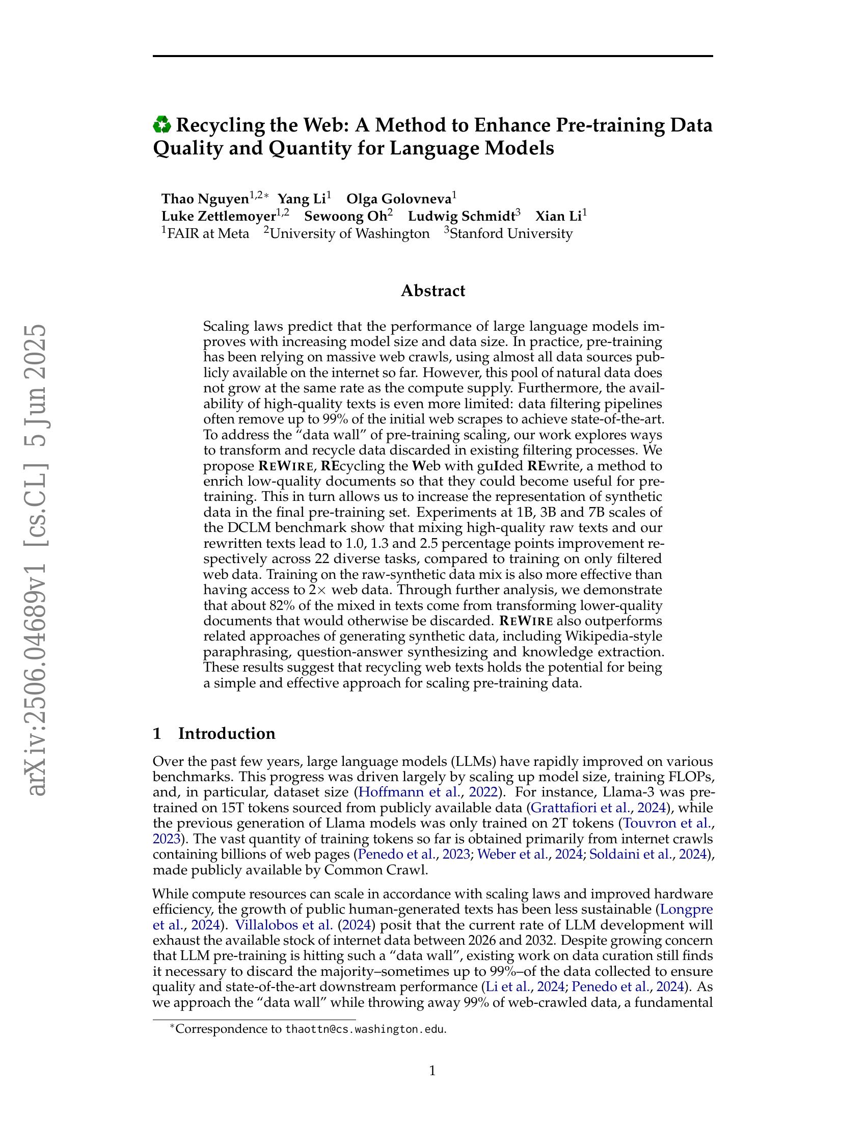 Recycling the Web: A Method to Enhance Pre-training Data Quality and Quantity for Language ...