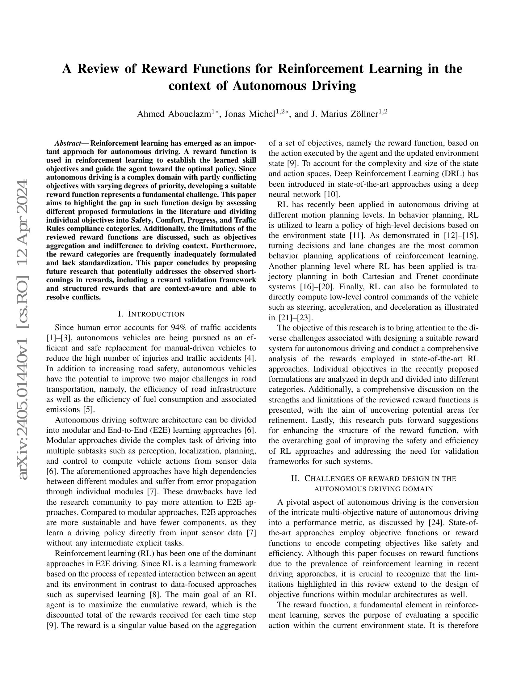 A Review of Reward Functions for Reinforcement Learning in the context of Autonomous Driving - 智 ...