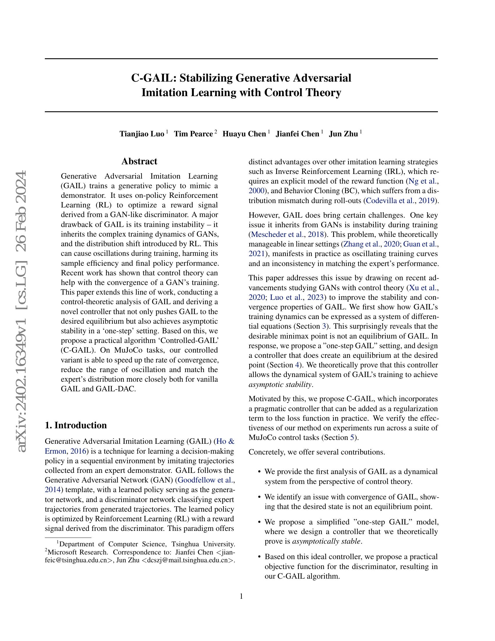 C-GAIL: Stabilizing Generative Adversarial Imitation Learning with Control Theory - 智源社区论文