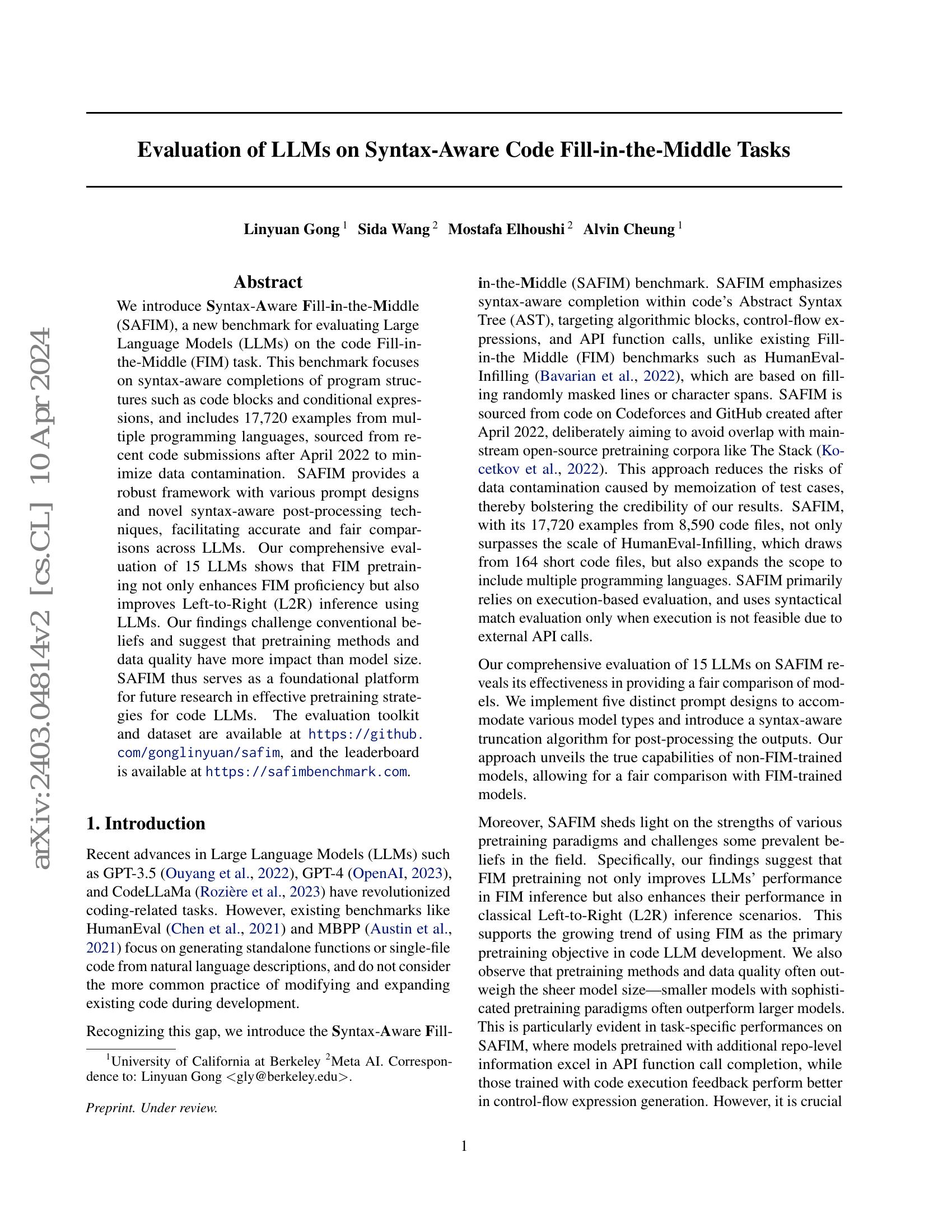 Evaluation of LLMs on Syntax-Aware Code Fill-in-the-Middle Tasks - 智源社区论文