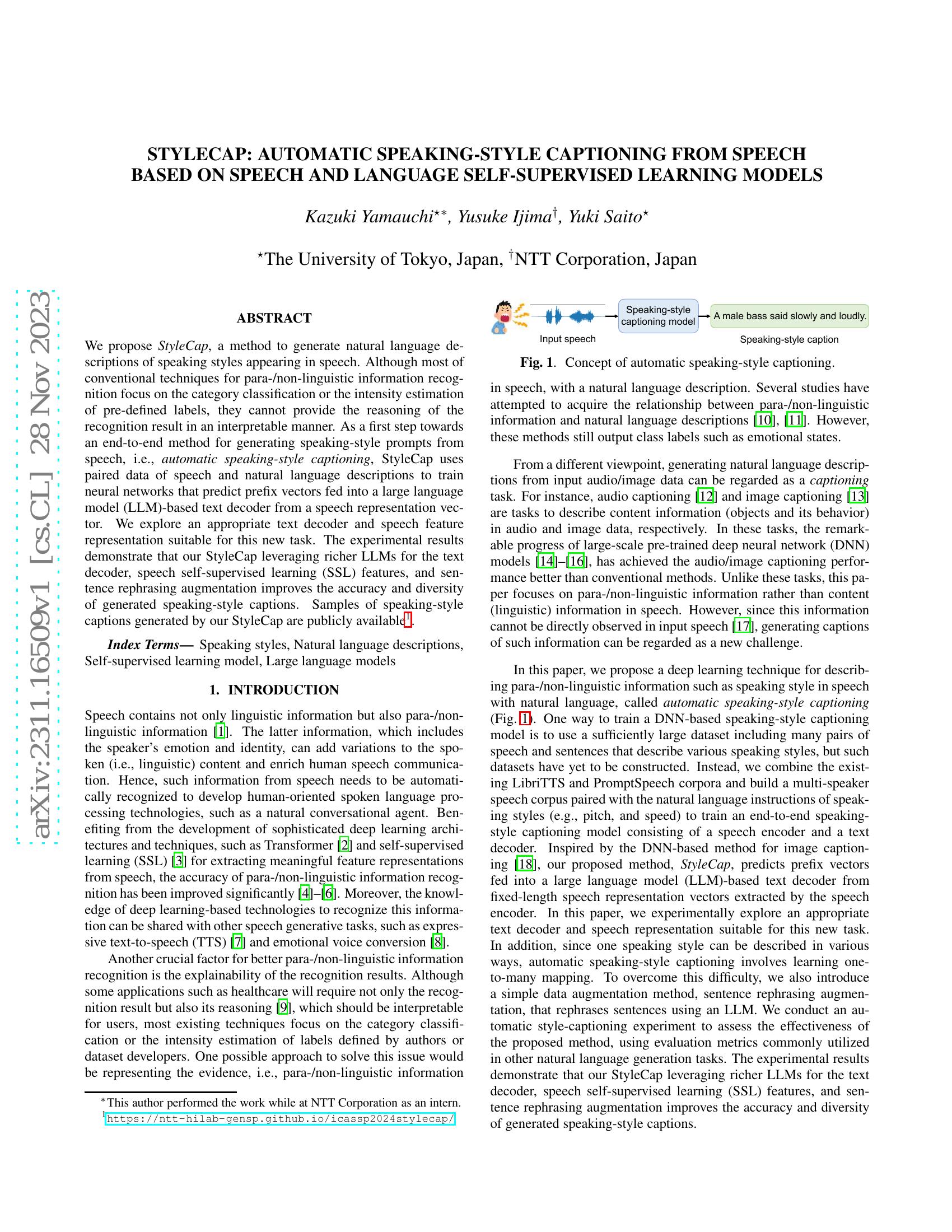 StyleCap: Automatic Speaking-Style Captioning from Speech Based on Speech and Language Self ...