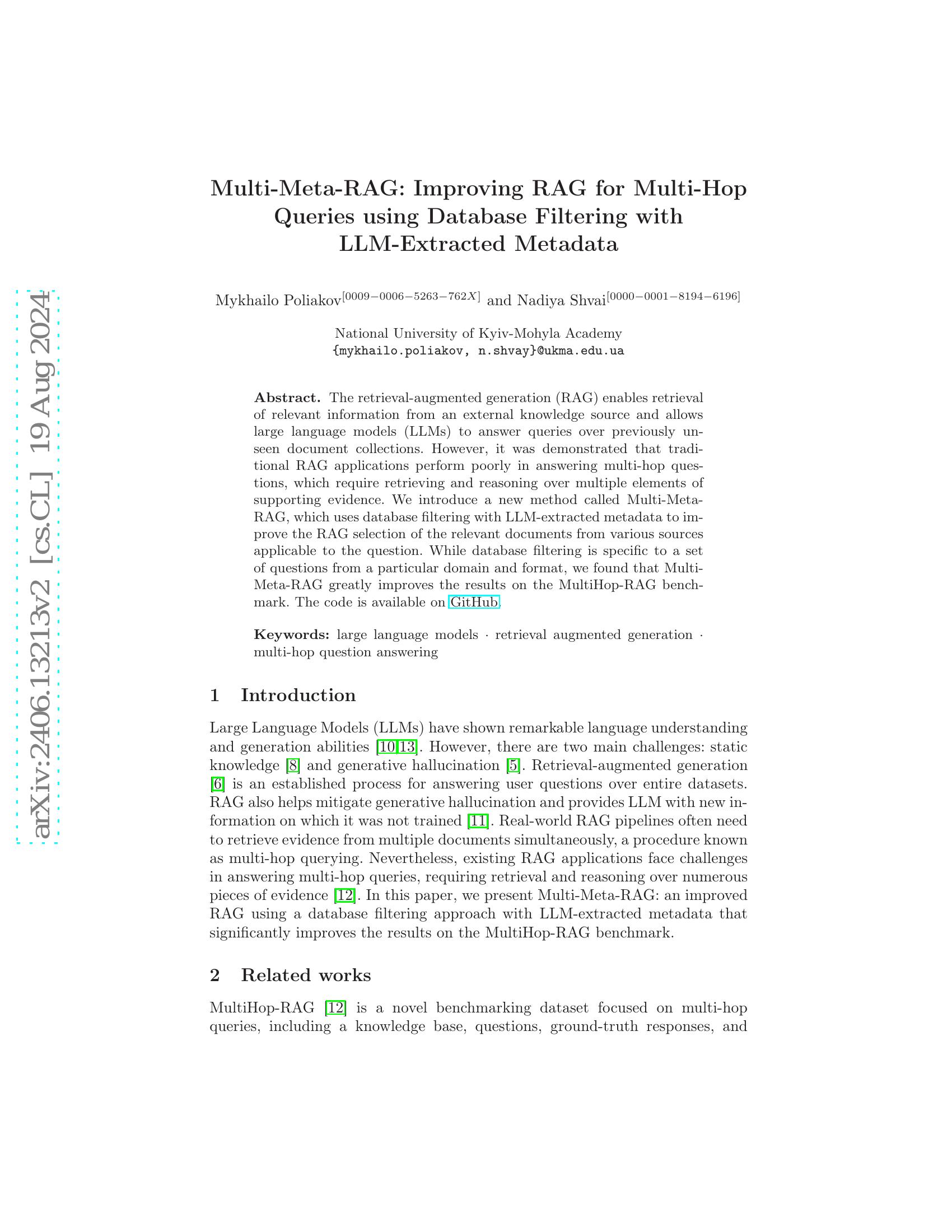 Multi-Meta-RAG: Improving RAG for Multi-Hop Queries using Database Filtering with LLM-Extracted ...