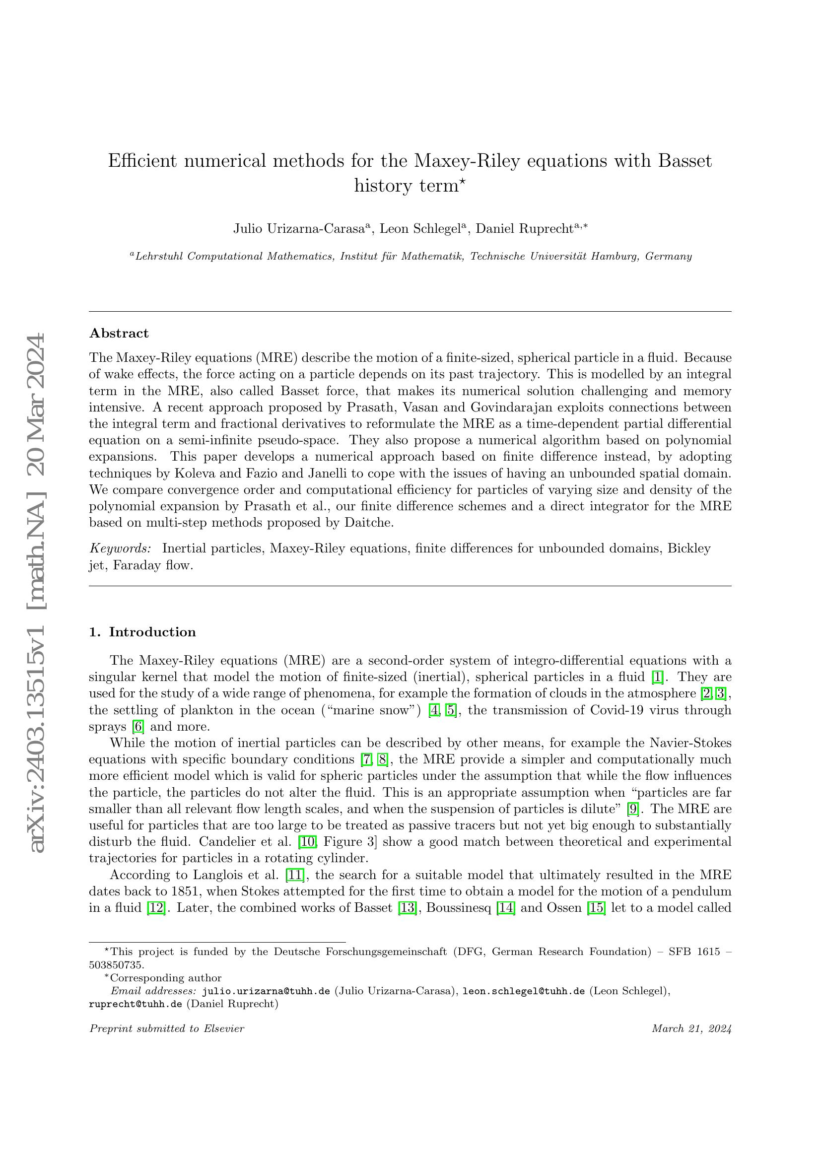Efficient numerical methods for the Maxey-Riley equations with Basset ...