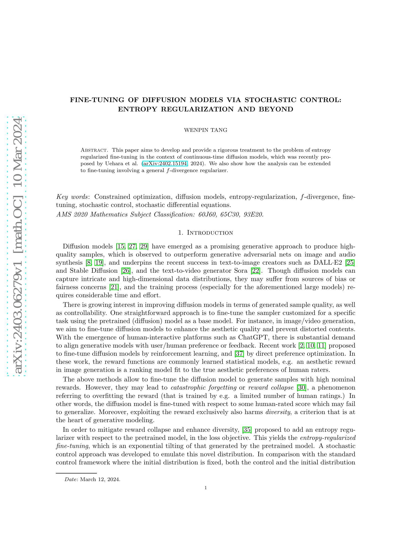 Fine-tuning of diffusion models via stochastic control: entropy regularization and beyond - 智源社区论文