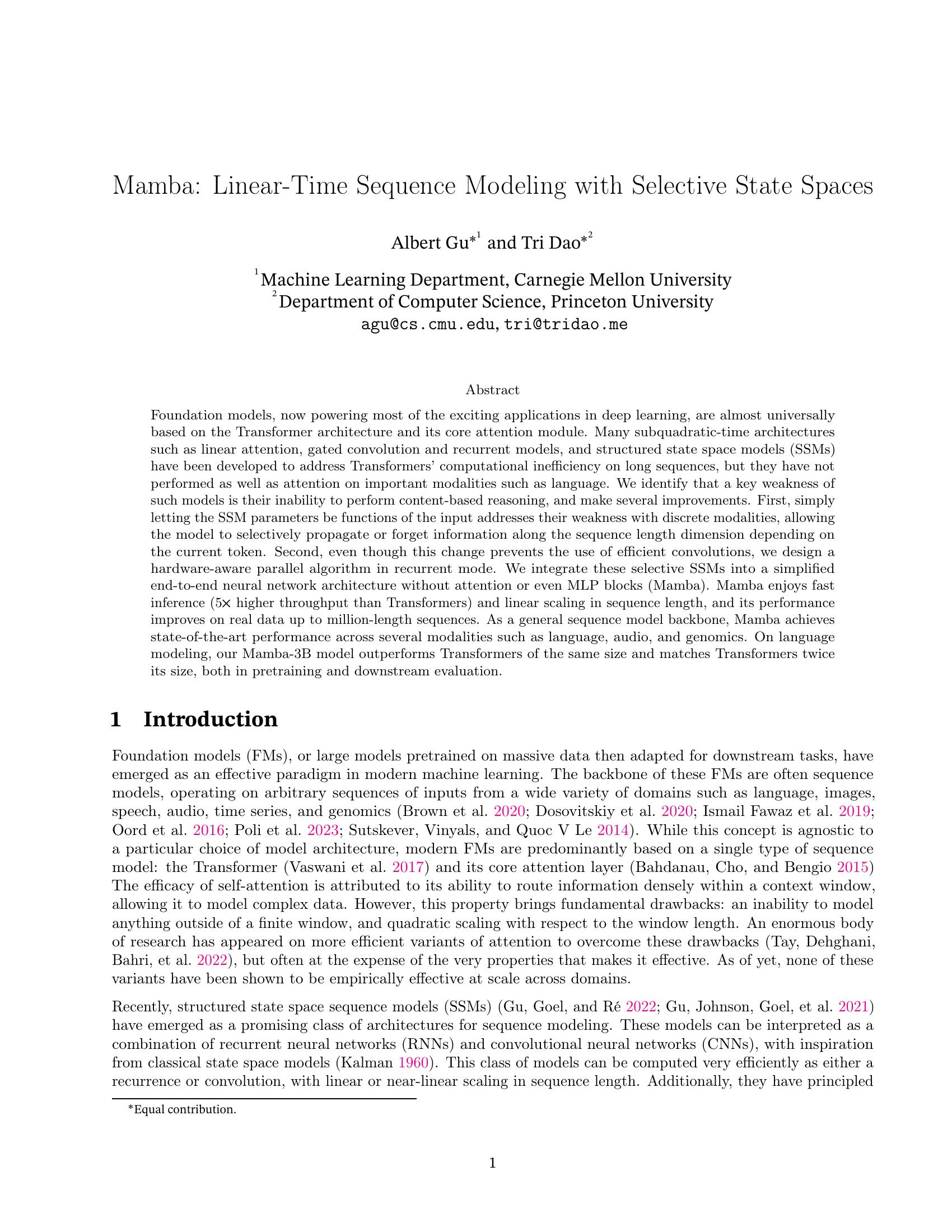 Mamba: Linear-Time Sequence Modeling with Selective State Spaces - 智源社区论文