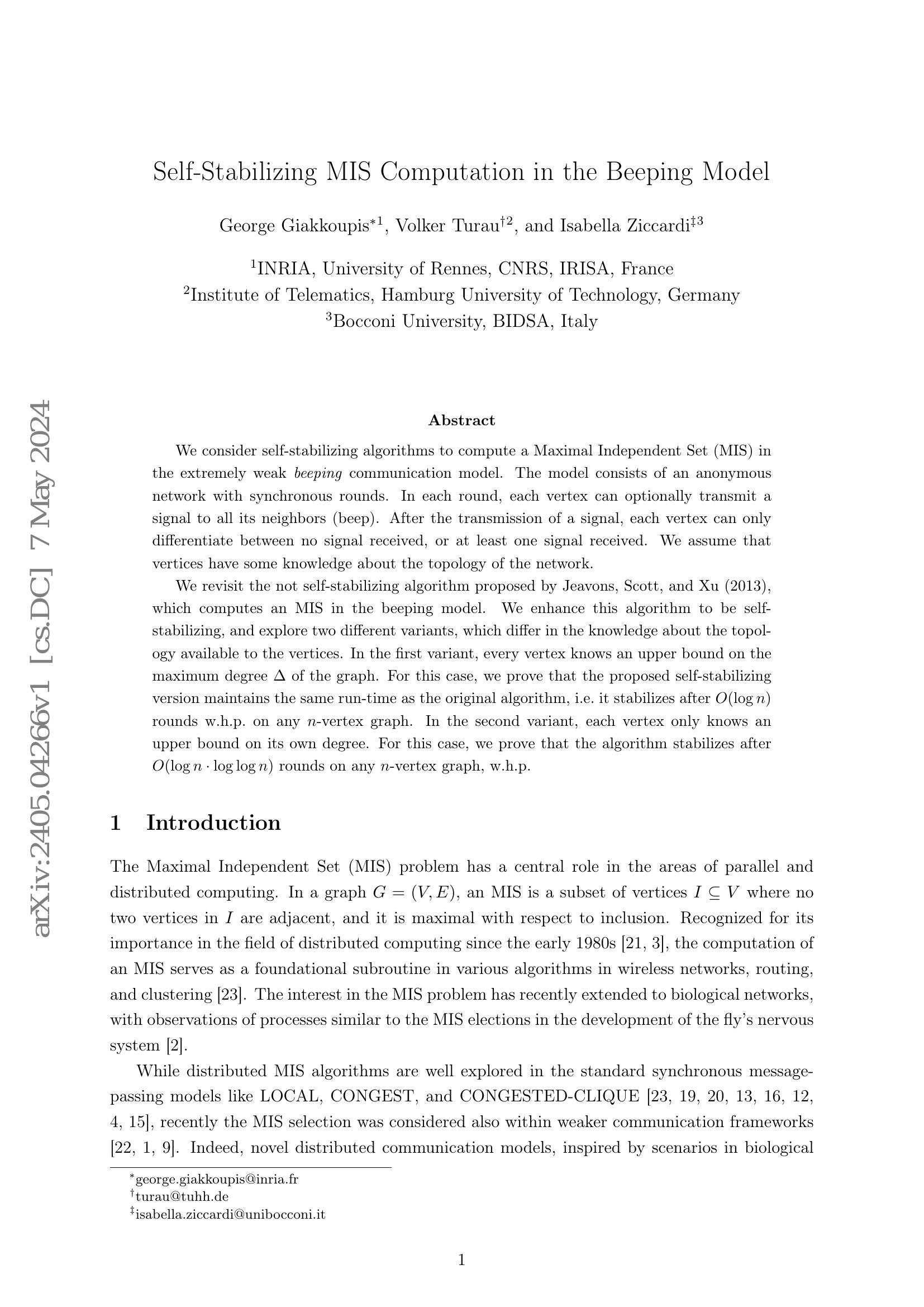 Self-Stabilizing MIS Computation in the Beeping Model - 智源社区论文