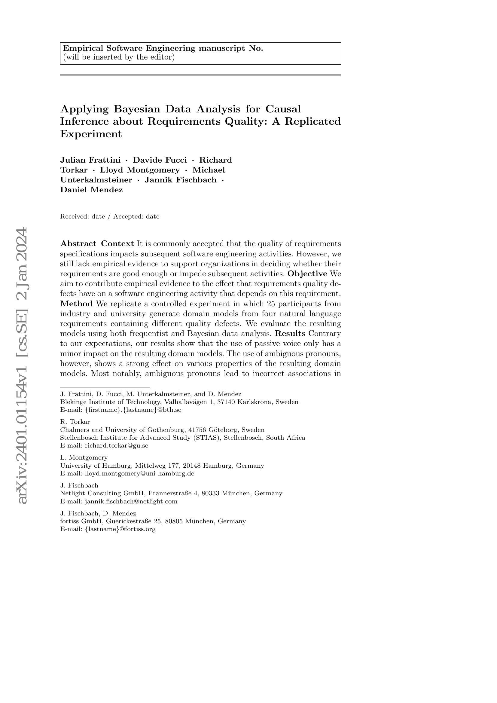 Applying Bayesian Data Analysis for Causal Inference about Requirements Quality: A Replicated ...