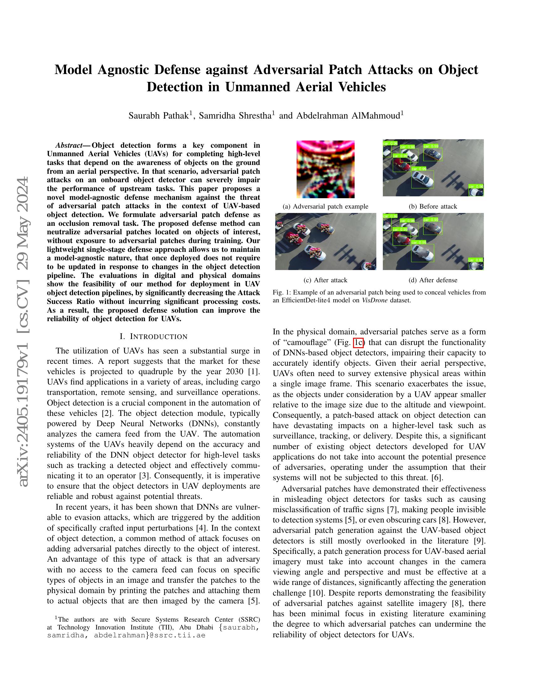 Model Agnostic Defense against Adversarial Patch Attacks on Object Detection in Unmanned Aerial ...