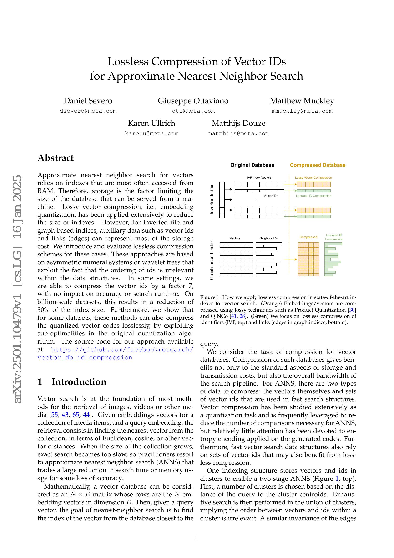 Lossless Compression of Vector IDs for Approximate Nearest Neighbor ...