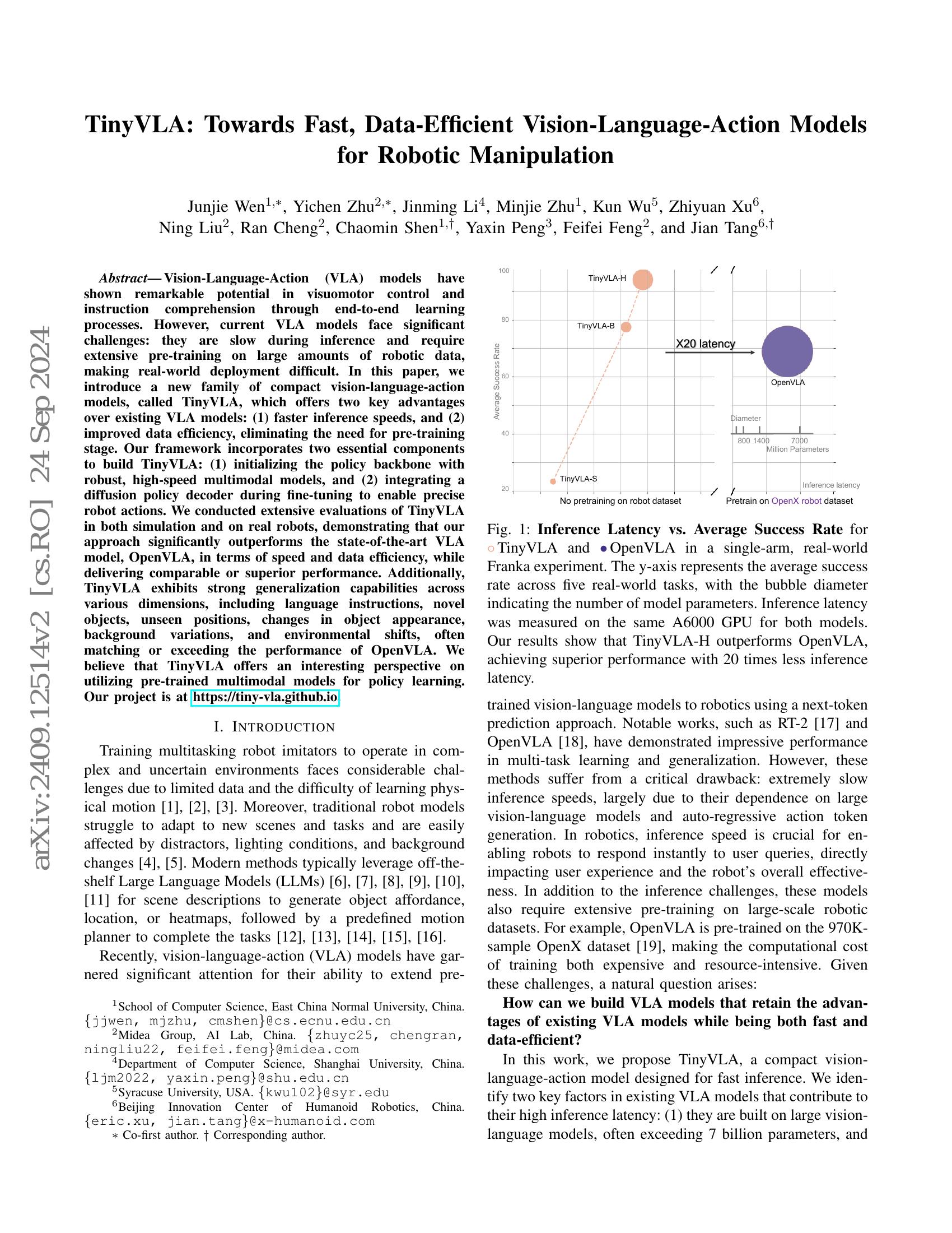 TinyVLA: Towards Fast, Data-Efficient Vision-Language-Action Models for Robotic Manipulation - 智 ...