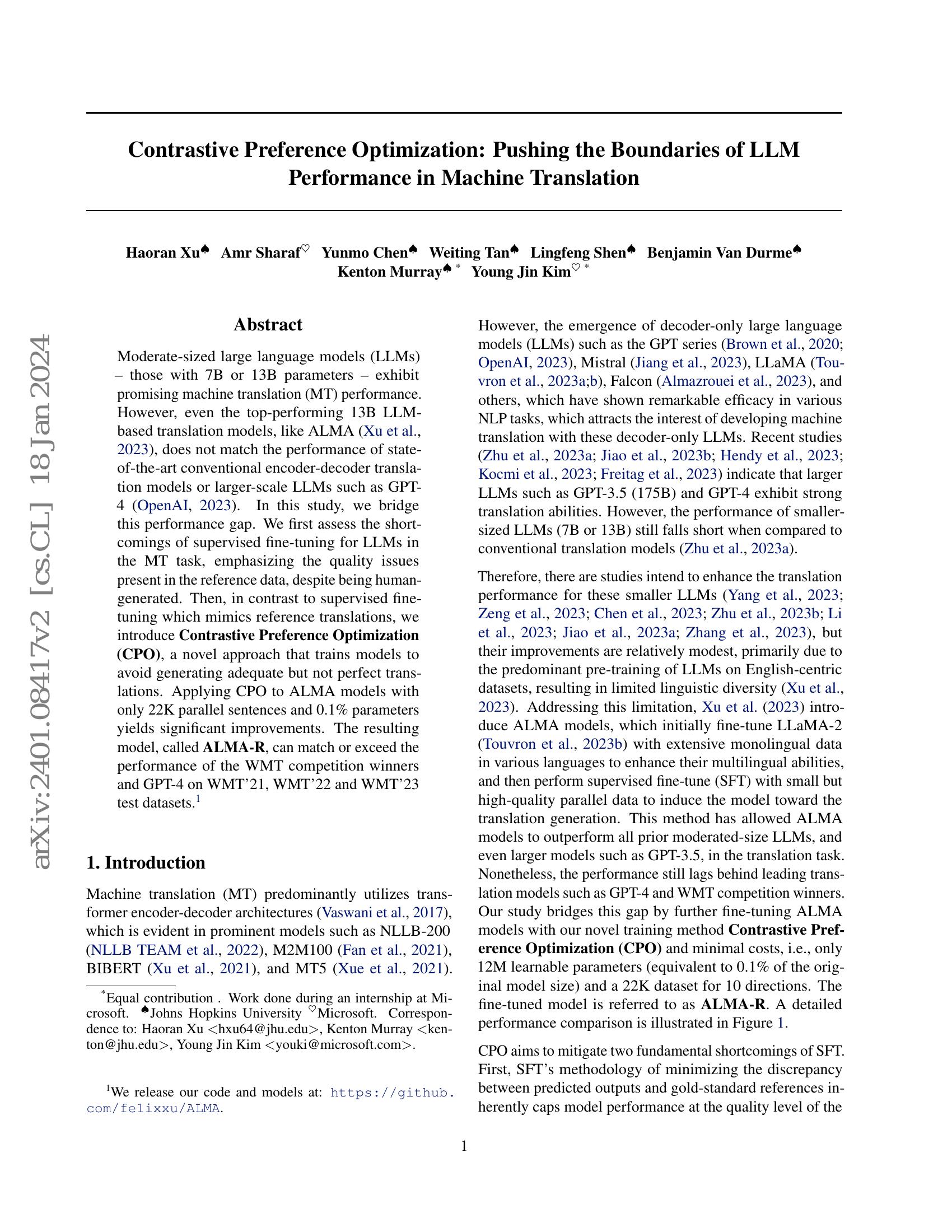 Contrastive Preference Optimization: Pushing the Boundaries of LLM Performance in Machine ...