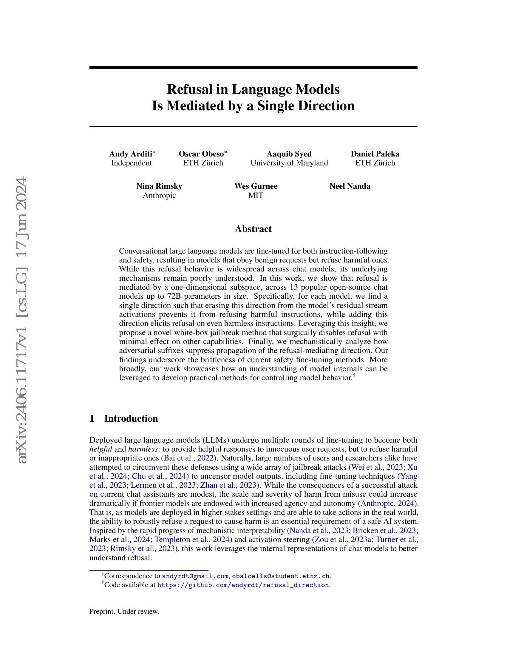 Refusal in Language Models Is Mediated by a Single Direction - 智源社区论文