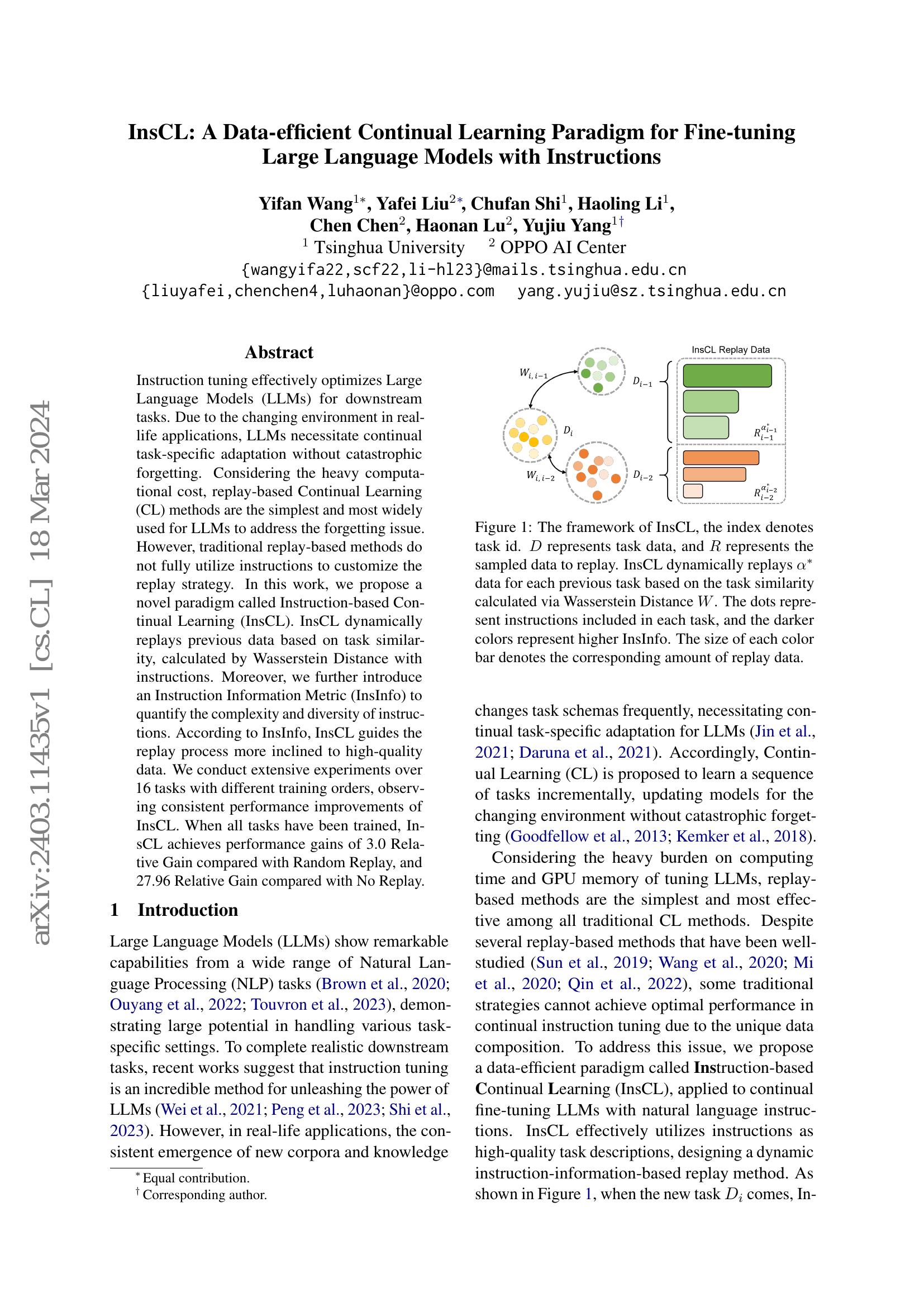 InsCL: A Data-efficient Continual Learning Paradigm for Fine-tuning Large Language Models with ...