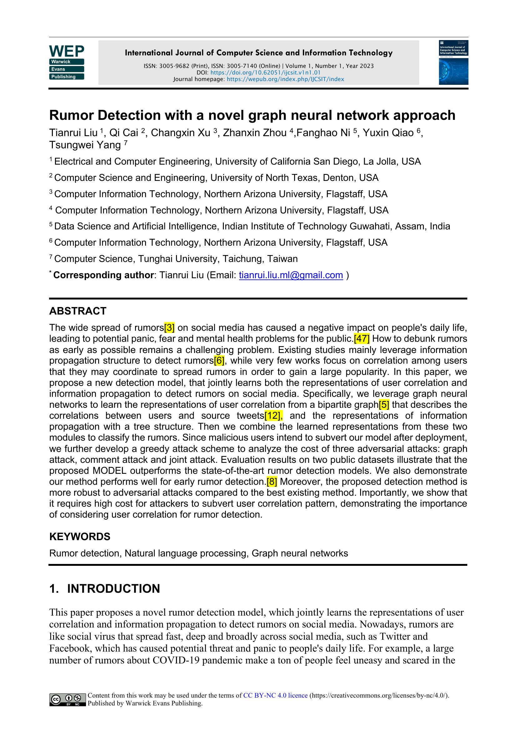 Rumor Detection with a novel graph neural network approach - 智源社区论文