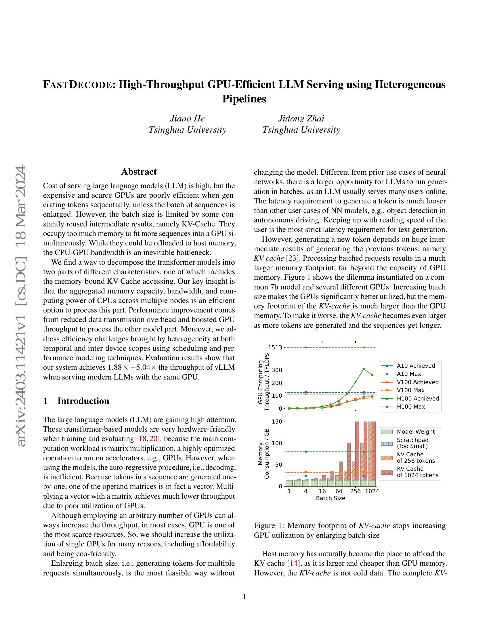 FastDecode: High-Throughput GPU-Efficient LLM Serving using Heterogeneous Pipelines - 智源社区论文