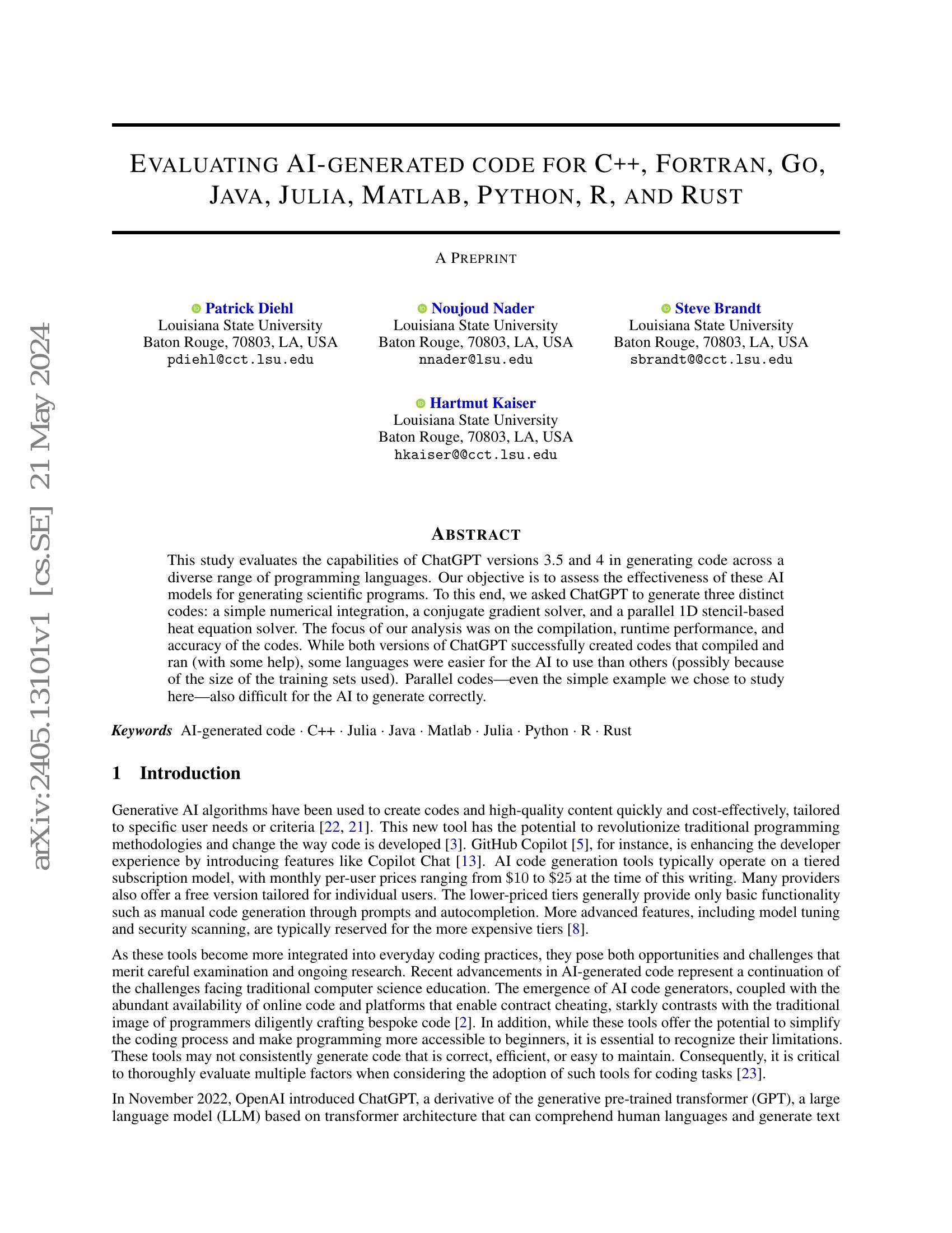 Evaluating AI-generated code for C++, Fortran, Go, Java, Julia, Matlab, Python, R, and Rust - 智源社区论文