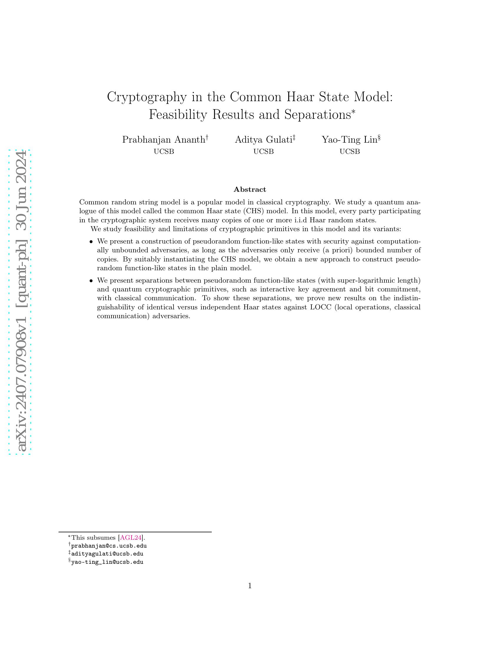 Cryptography in the Common Haar State Model: Feasibility Results and ...