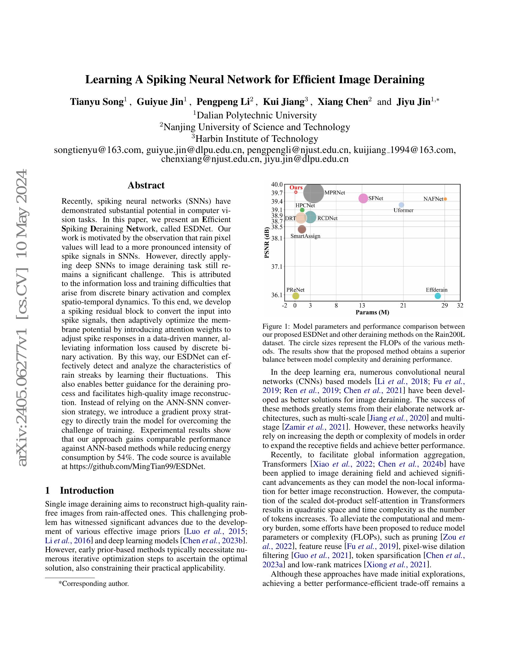 Learning A Spiking Neural Network for Efficient Image Deraining - 智源社区论文