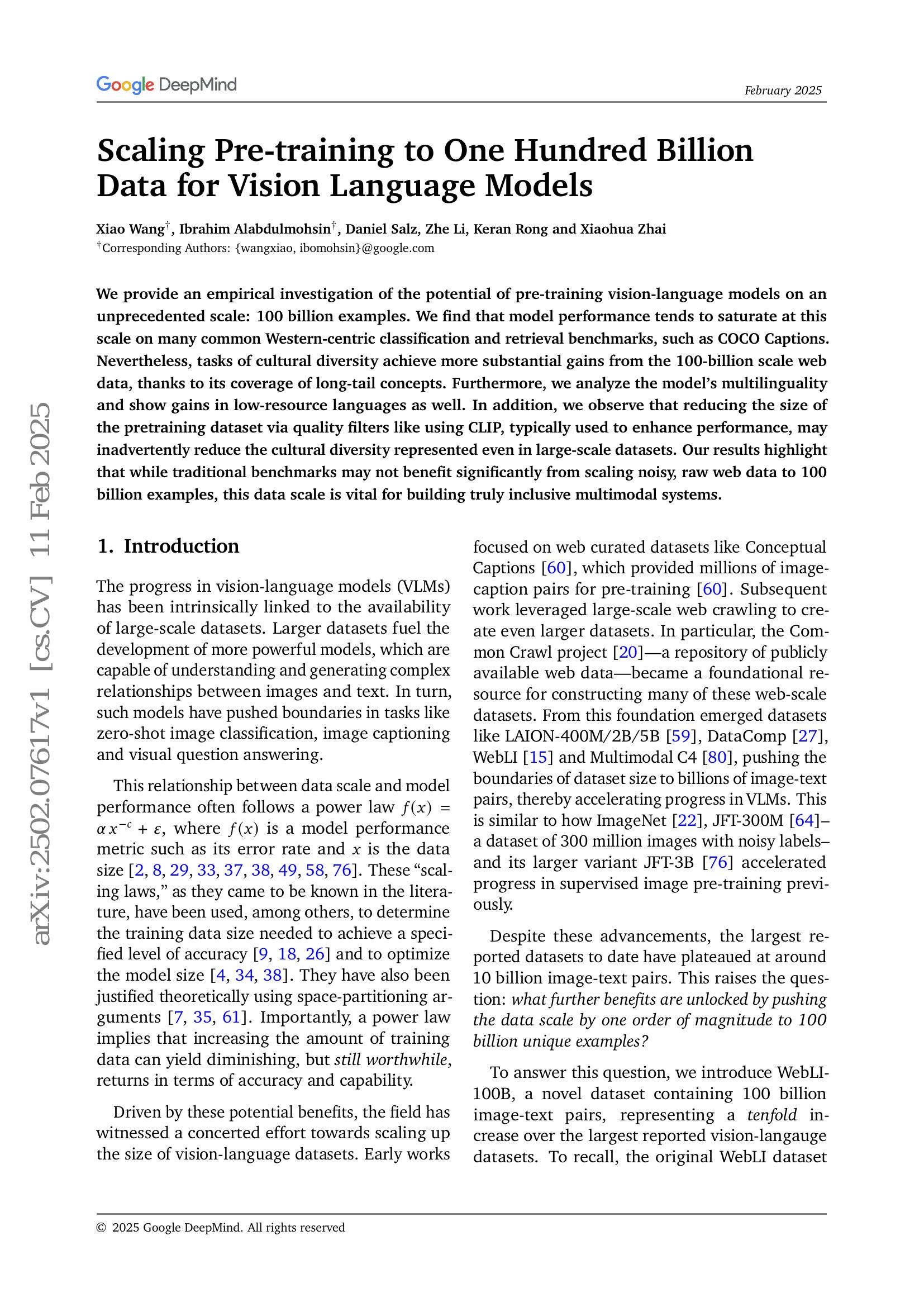Scaling Pre-training to One Hundred Billion Data for Vision Language Models - 智源社区论文
