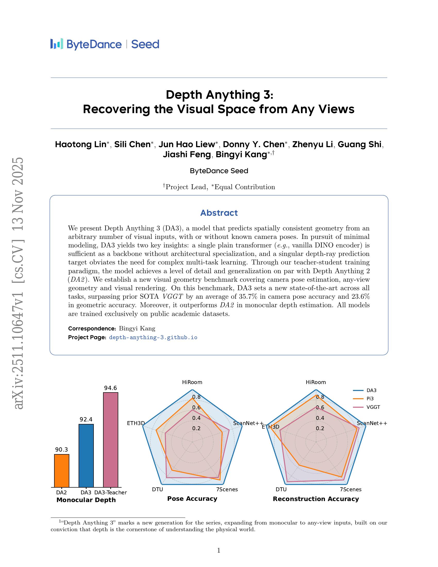 Depth Anything 3: Recovering the Visual Space from Any Views - 智源社区论文