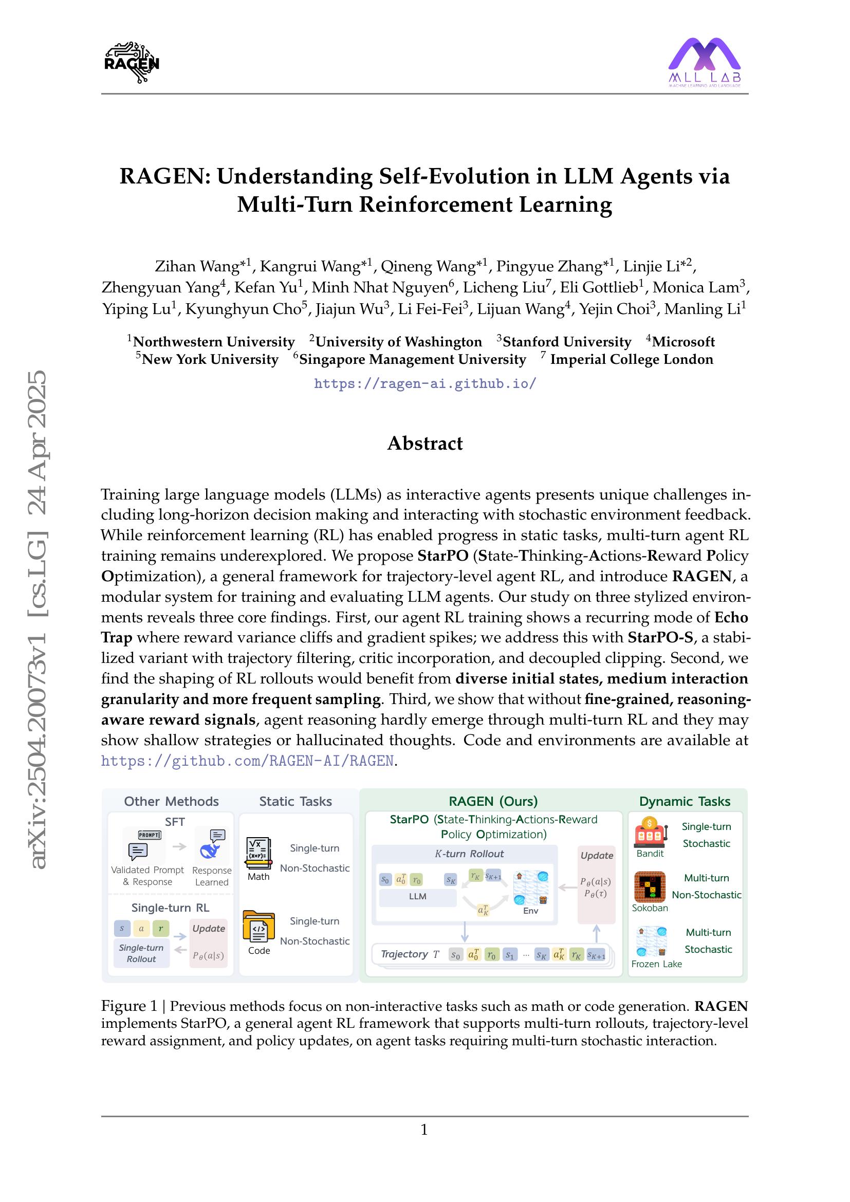RAGEN: Understanding Self-Evolution in LLM Agents via Multi-Turn Reinforcement Learning - 智源社区论文