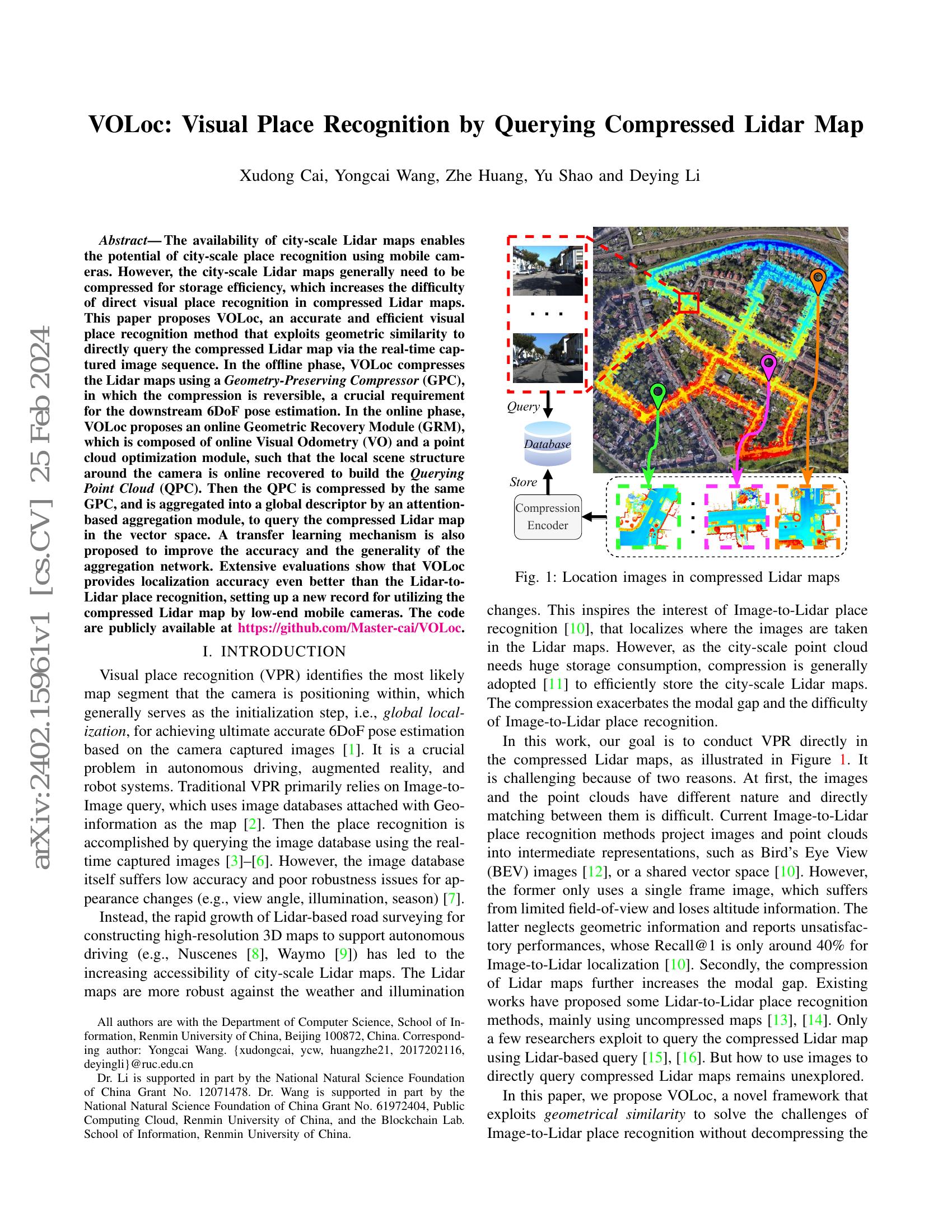 VOLoc: Visual Place Recognition by Querying Compressed Lidar Map - 智源社区论文