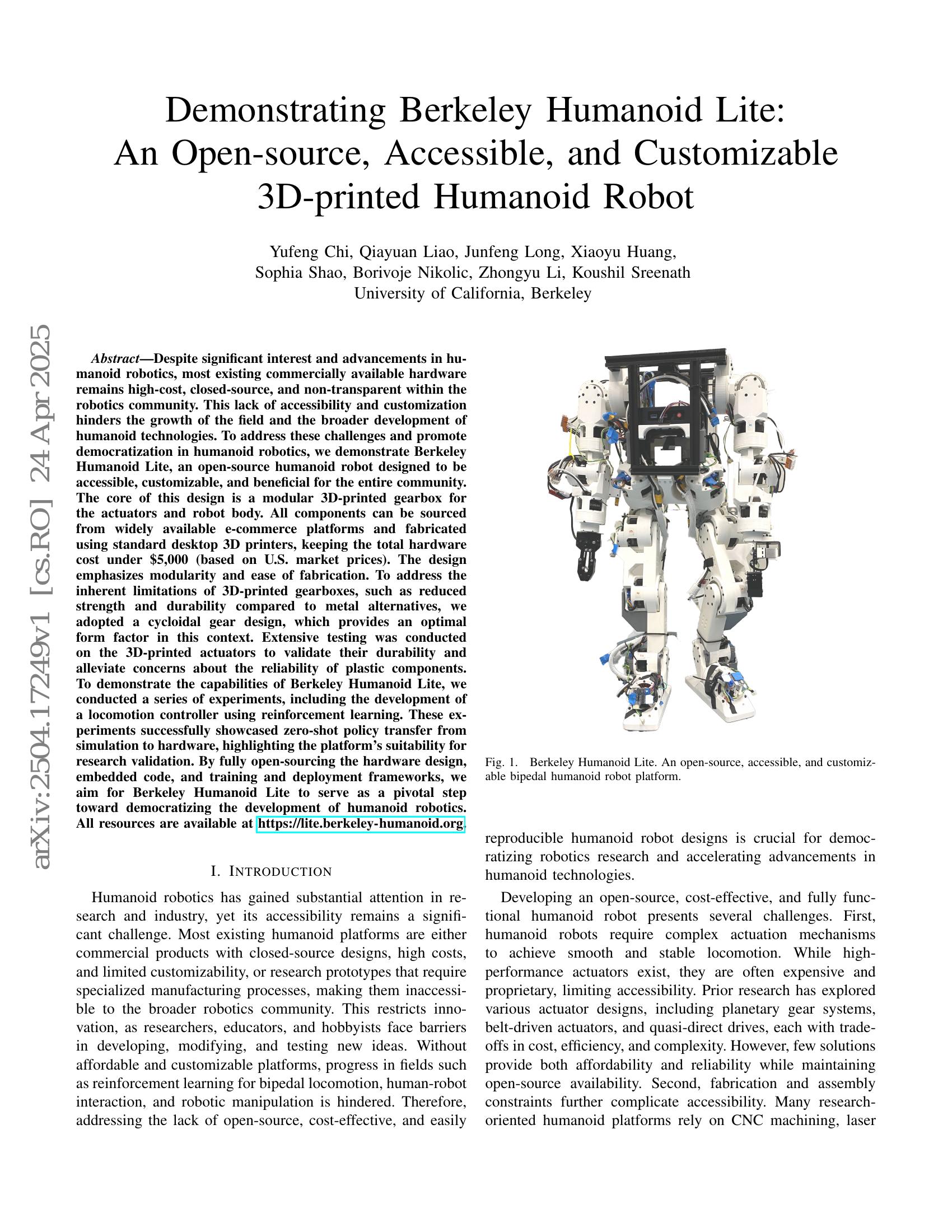 Demonstrating Berkeley Humanoid Lite: An Open-source, Accessible, and Customizable 3D-printed ...