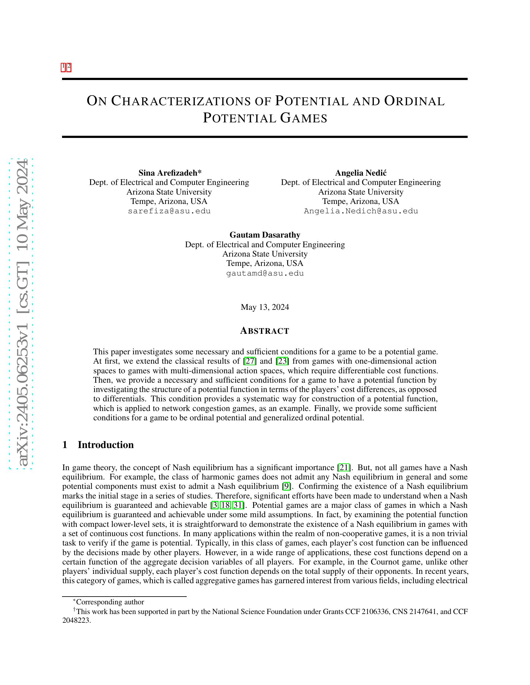 On Characterizations of Potential and Ordinal Potential Games - 智源社区论文